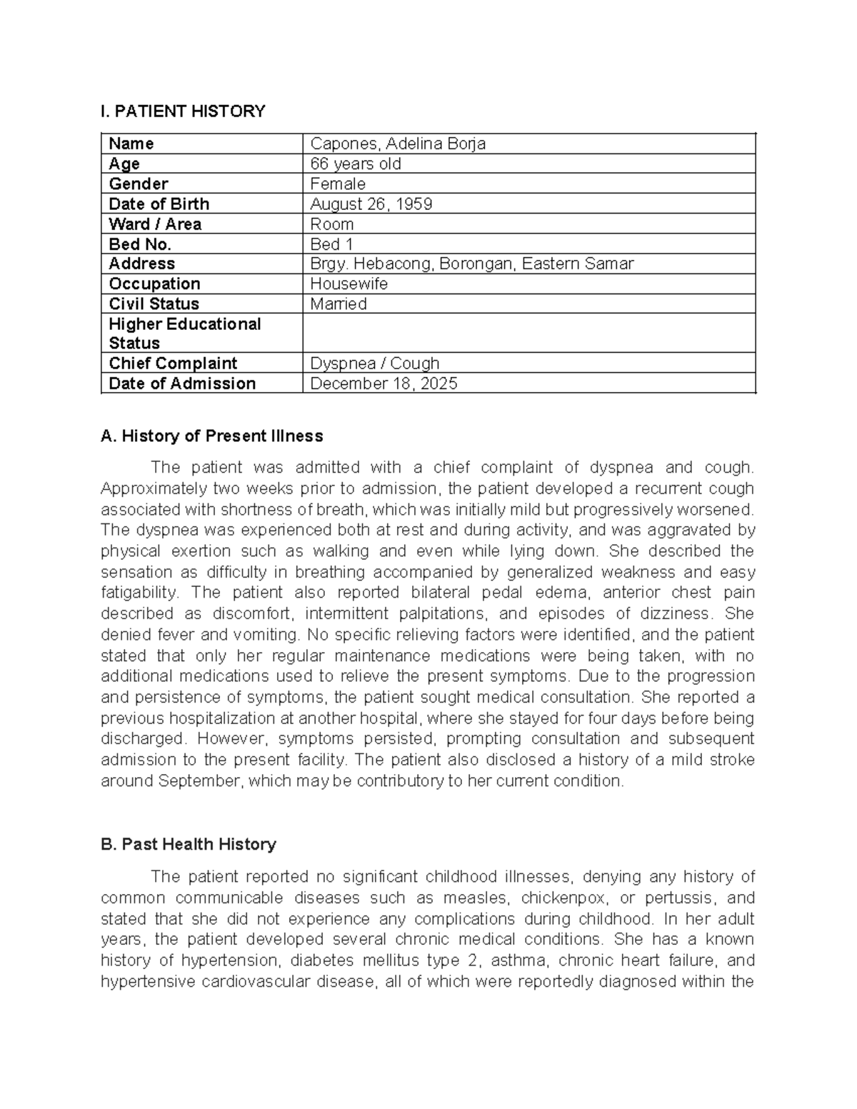 Patient History: Case Study of Adelina Borja (66, Female) - Studocu