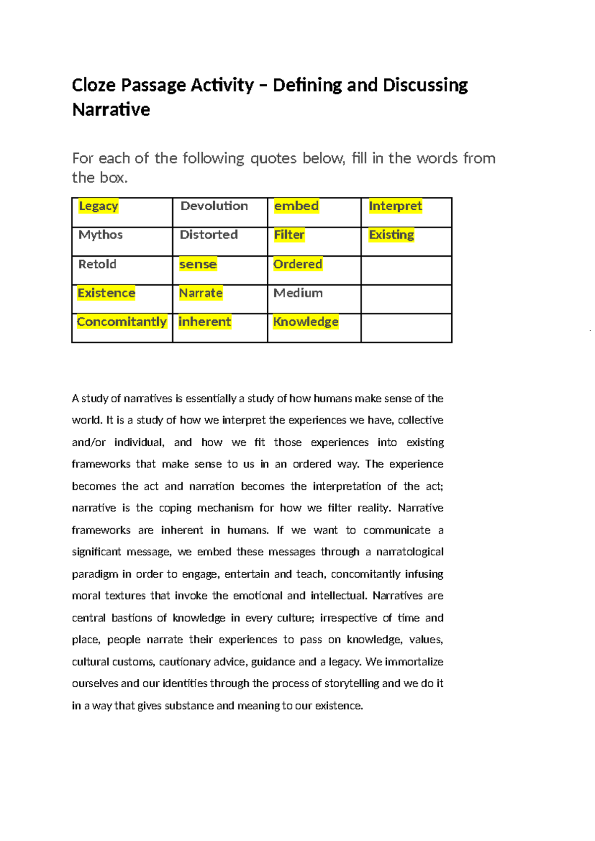 Cloze Passage Activity: Understanding Narrative Frameworks - Studocu