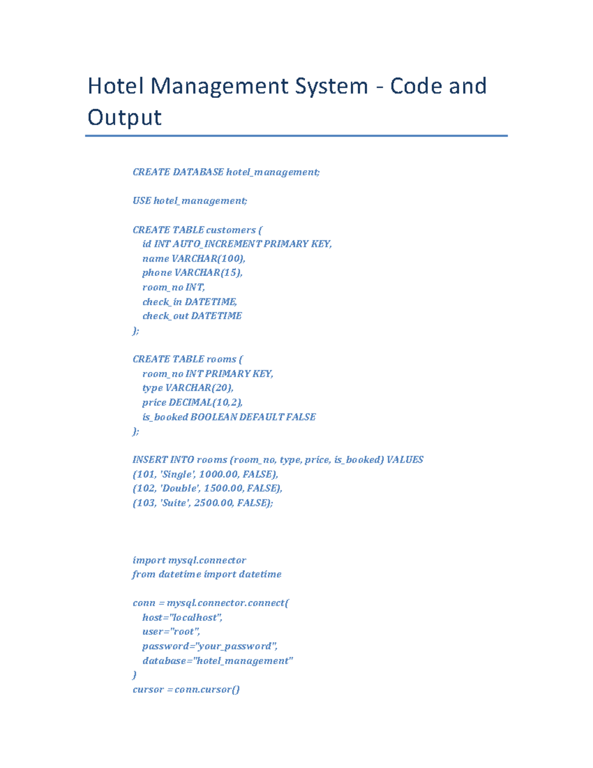 Hotel Management System Code & Output - Project Overview - Studocu