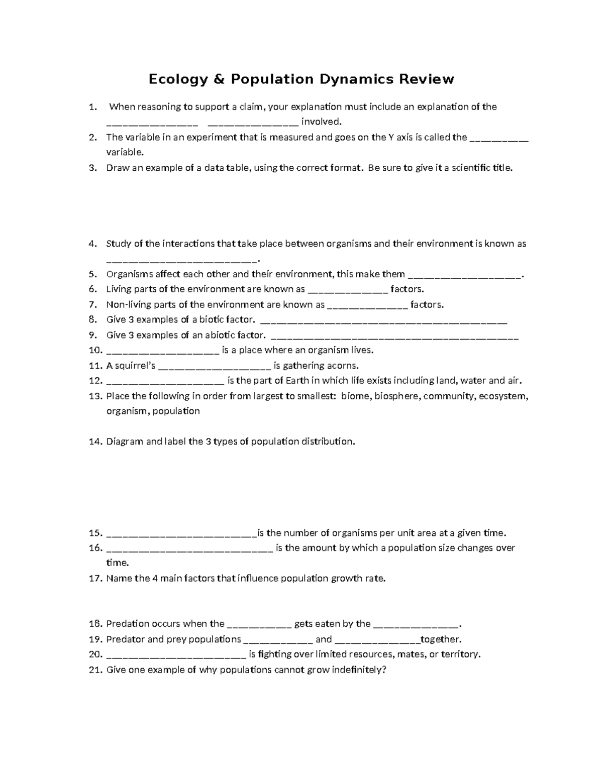 Ecology & Population Dynamics Review - Ecology & Population Dynamics ...