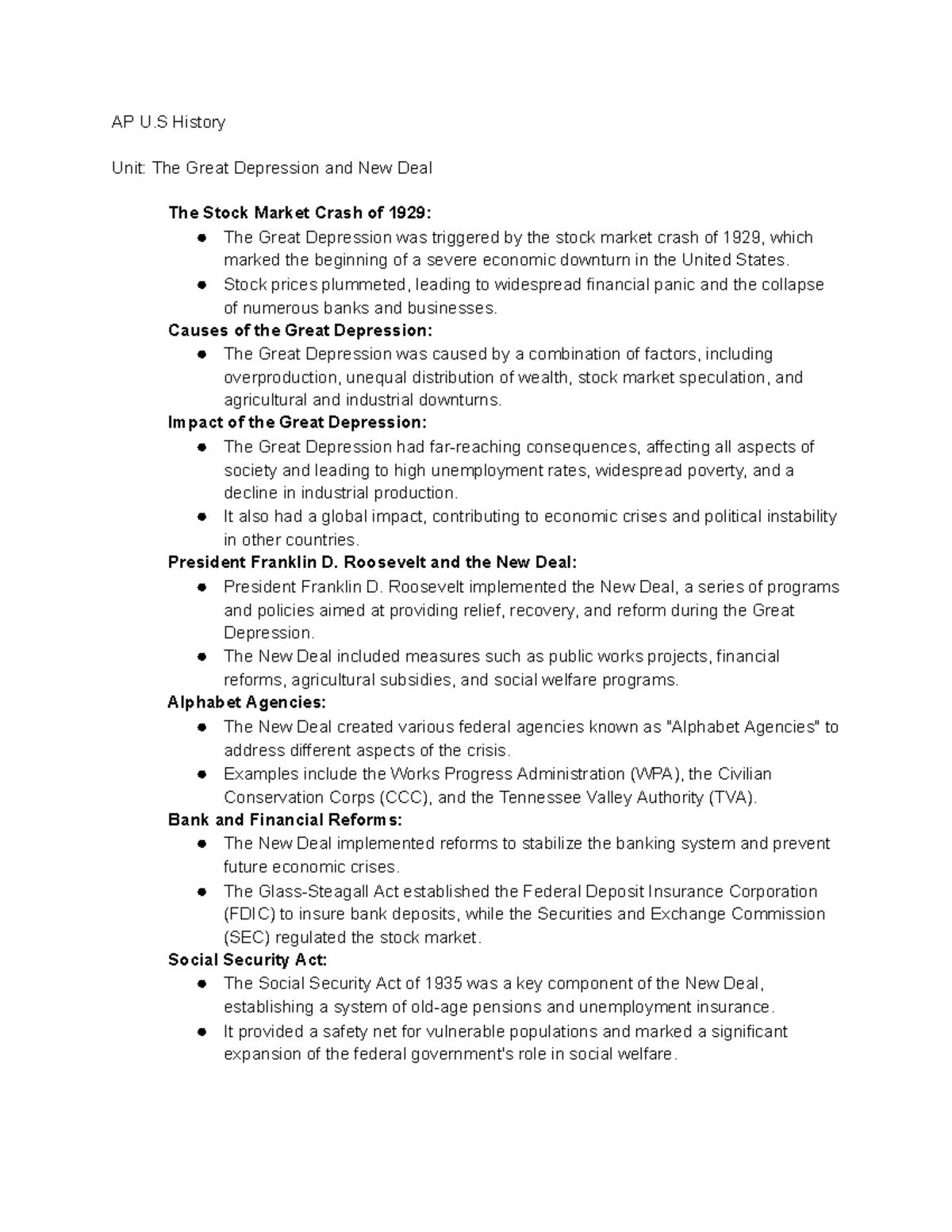 AP U.S. History - The Great Depression & New Deal Overview - Studocu