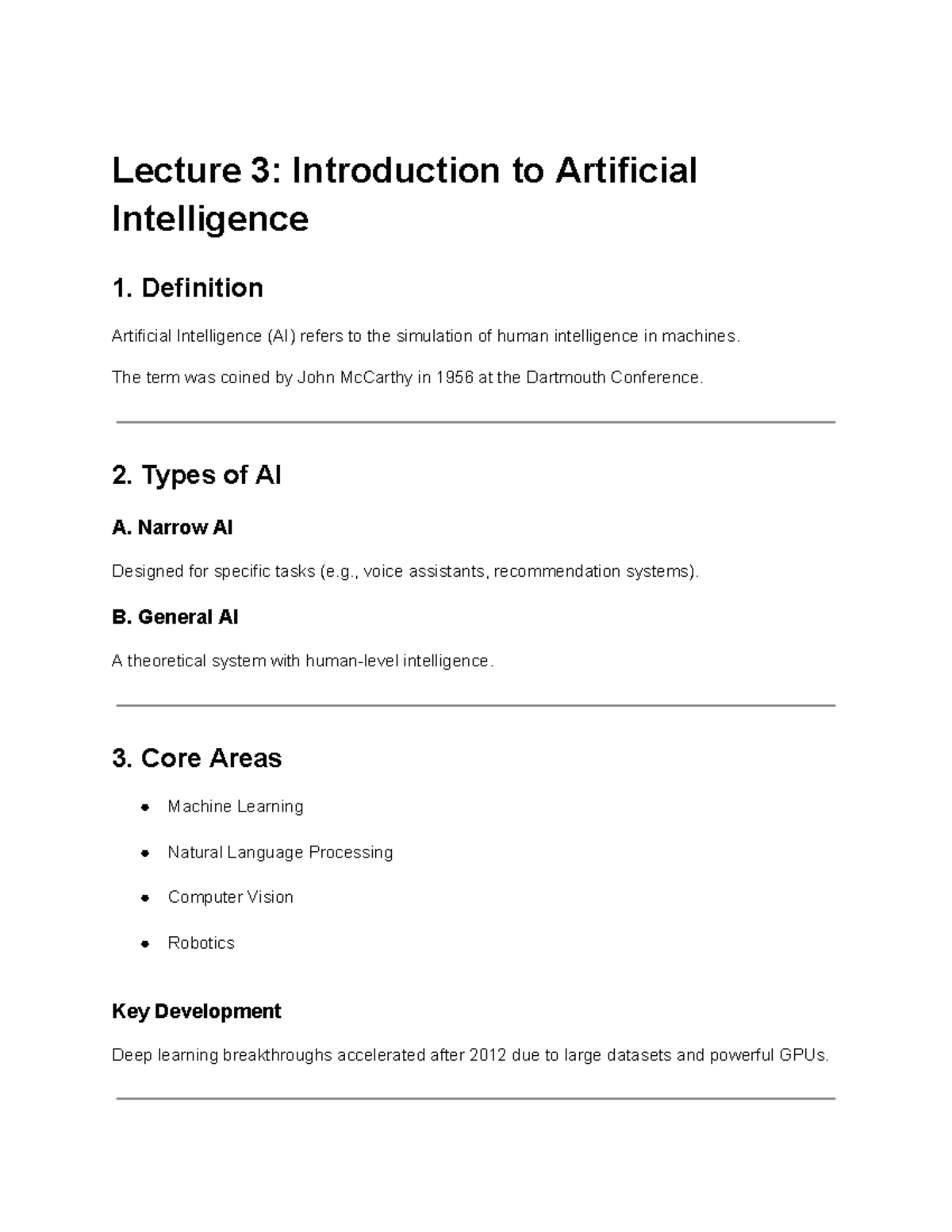 Artifical Intelligence - Lecture 3: Introduction to Artificial Intelligence 1. Definition ...