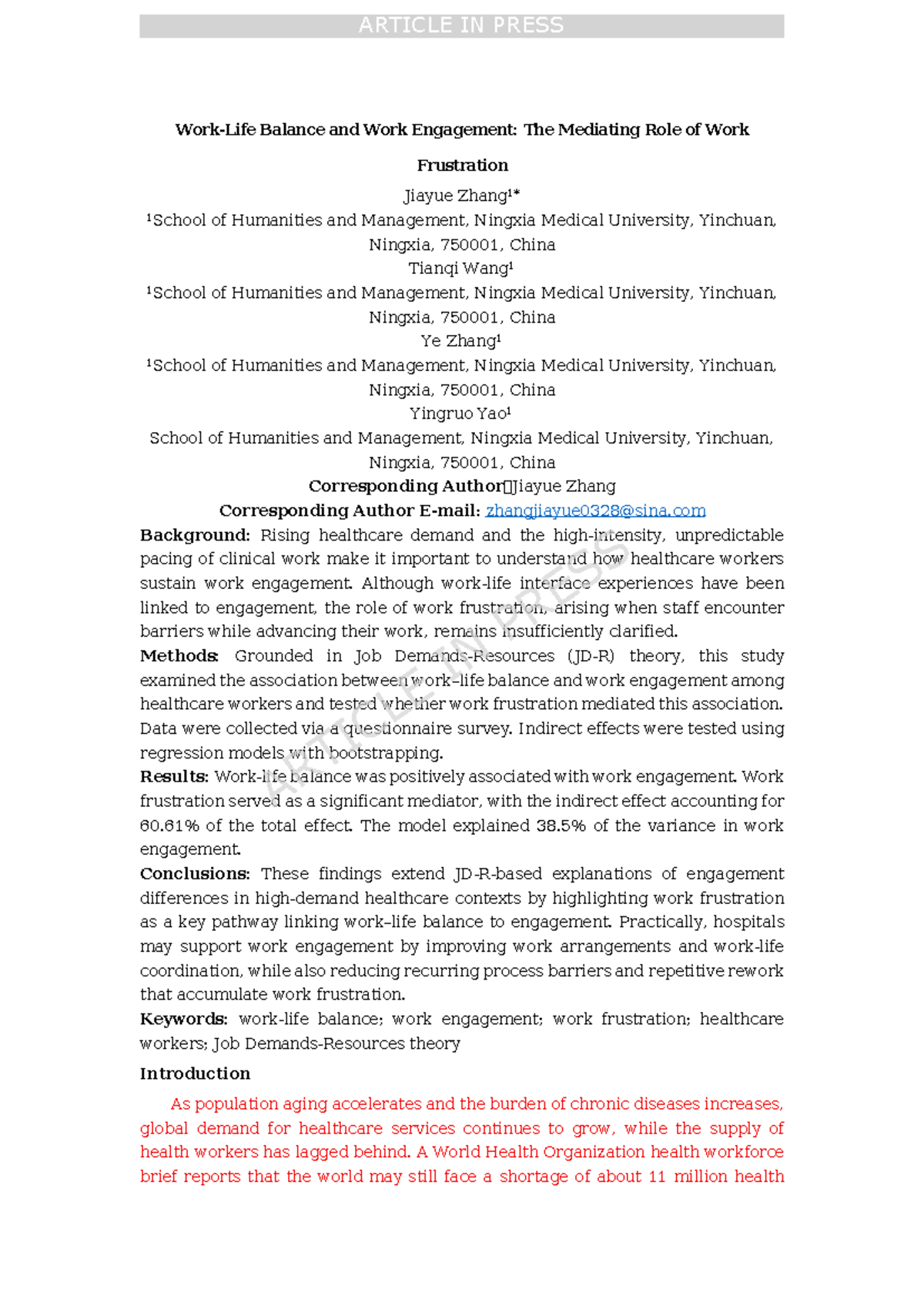 Work-Life Balance and Work Engagement: Mediating Role of Frustration ...