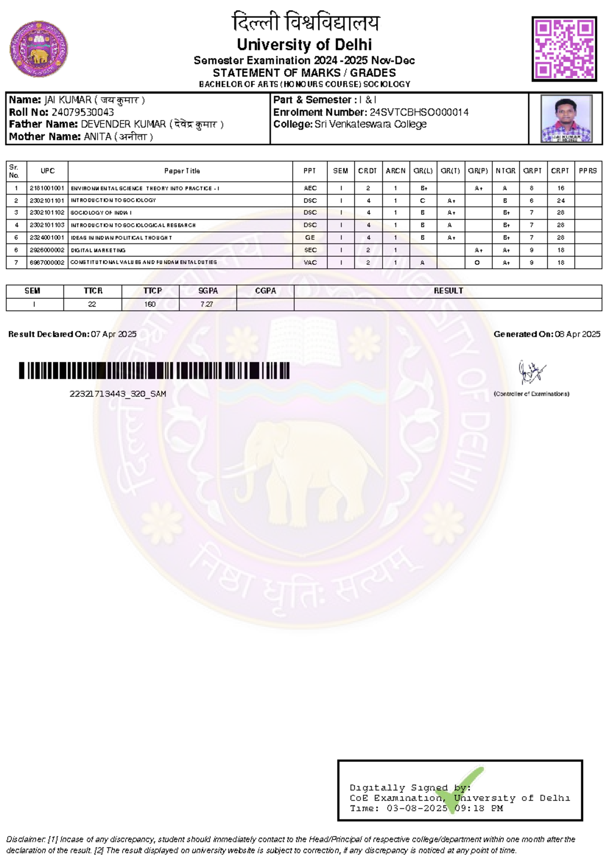 University of Delhi BA (Hons) Sociology Semester I Marks Statement ...