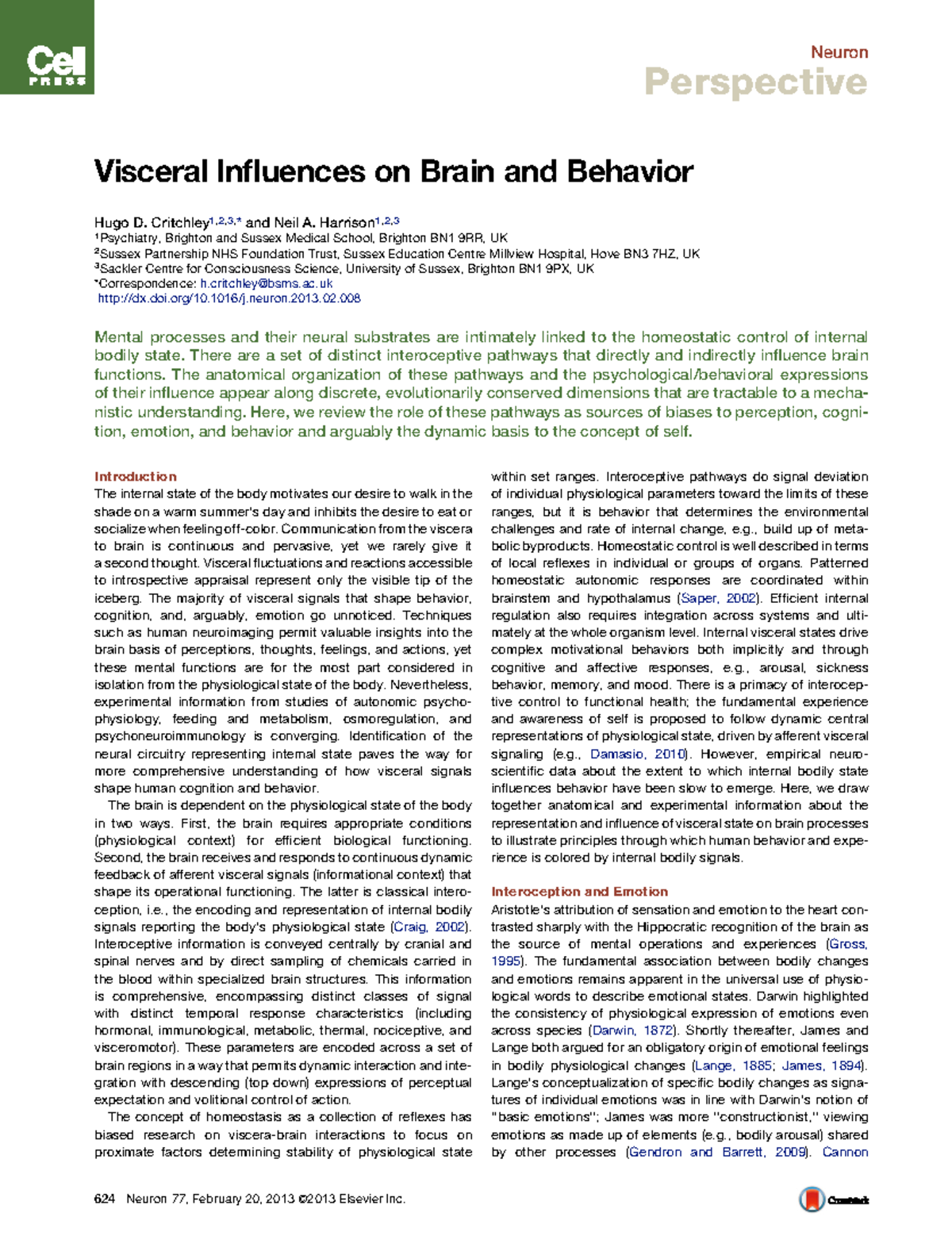 Viscerosensory Afferents and Their Role in Emotion and Cognition ...