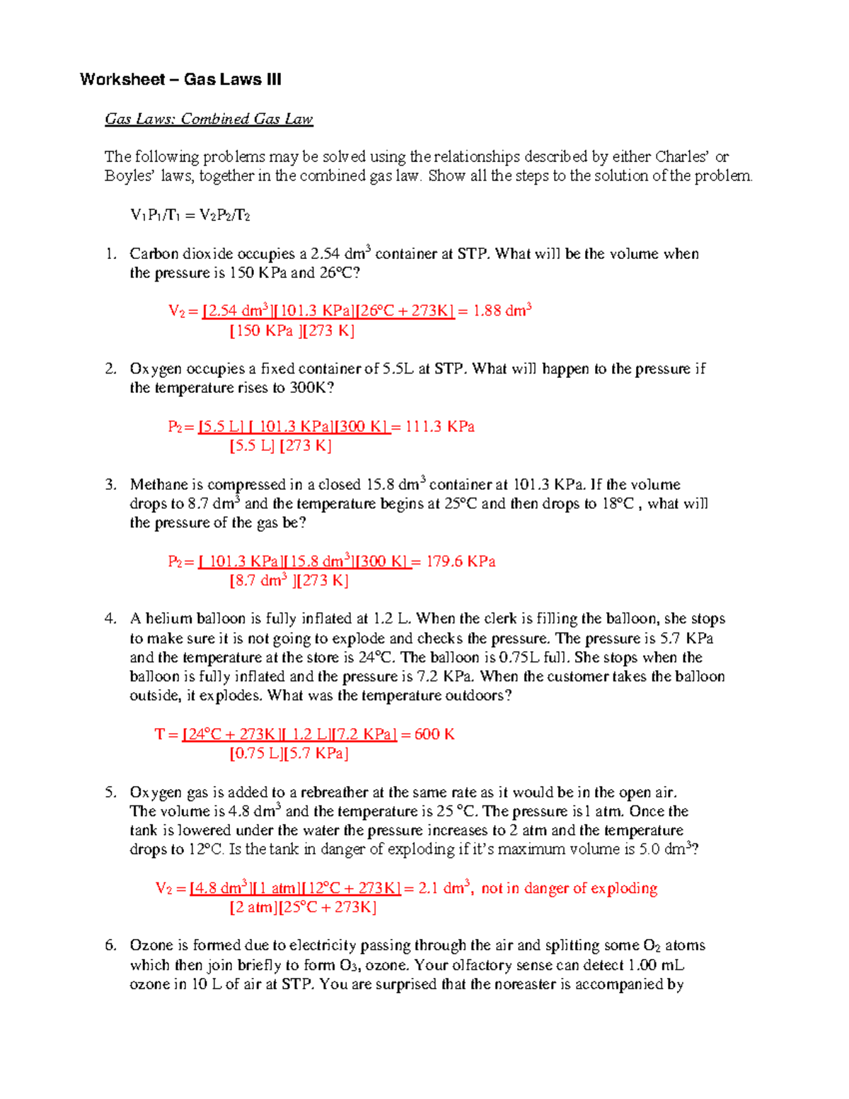 Gas Laws worksheet - helpful material - Worksheet – Gas Laws III Gas ...