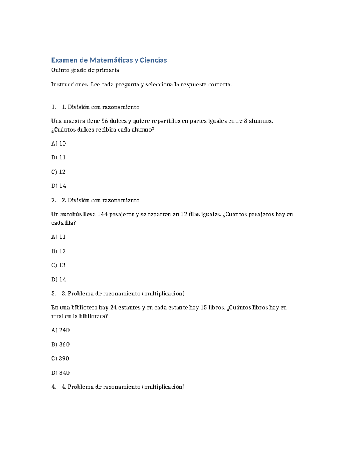 Examen de Matemáticas y Ciencias 5to Grado - Repaso - Studocu