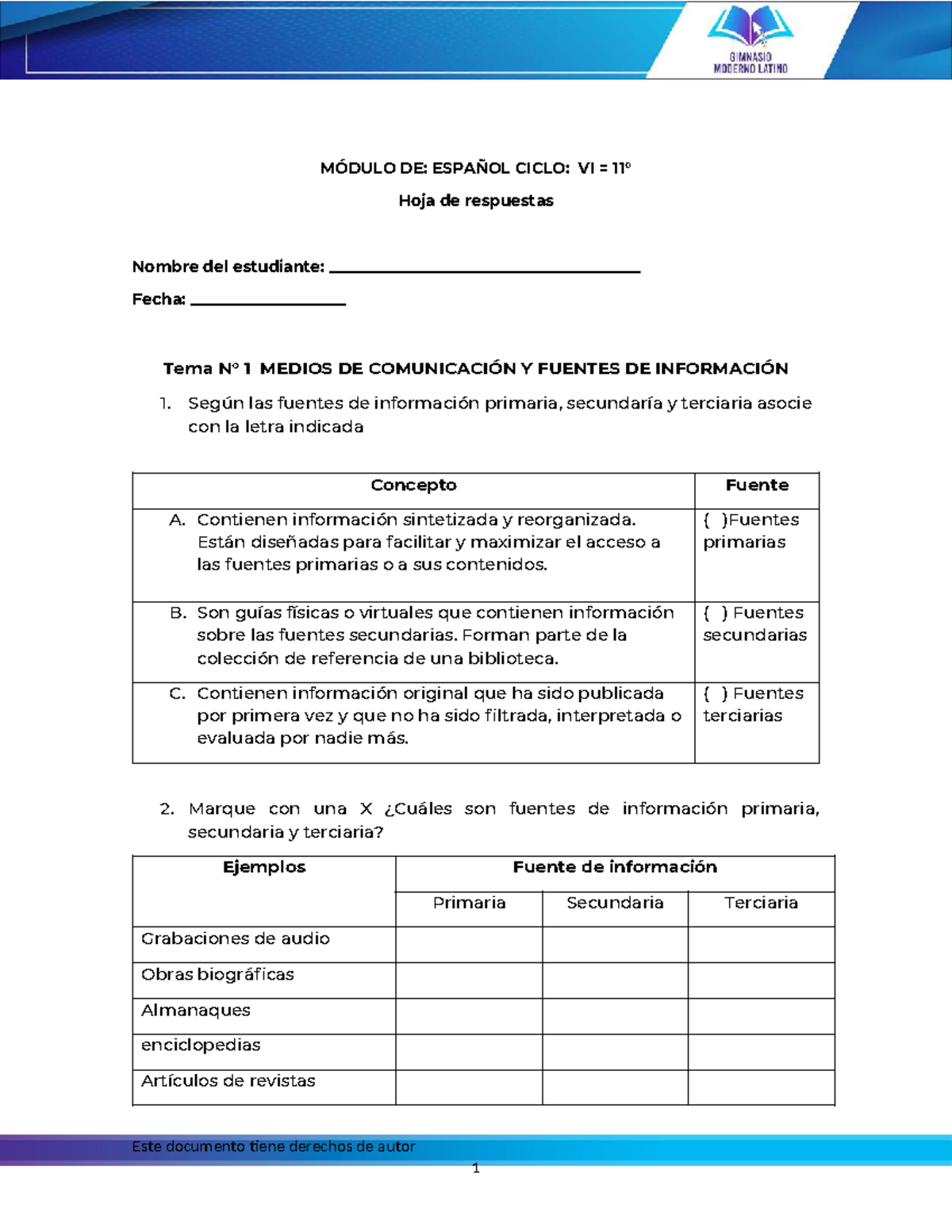 1. Hoja de Actividades Español VI - MÓDULO DE: ESPAÑOL CICLO: VI = 11 ...