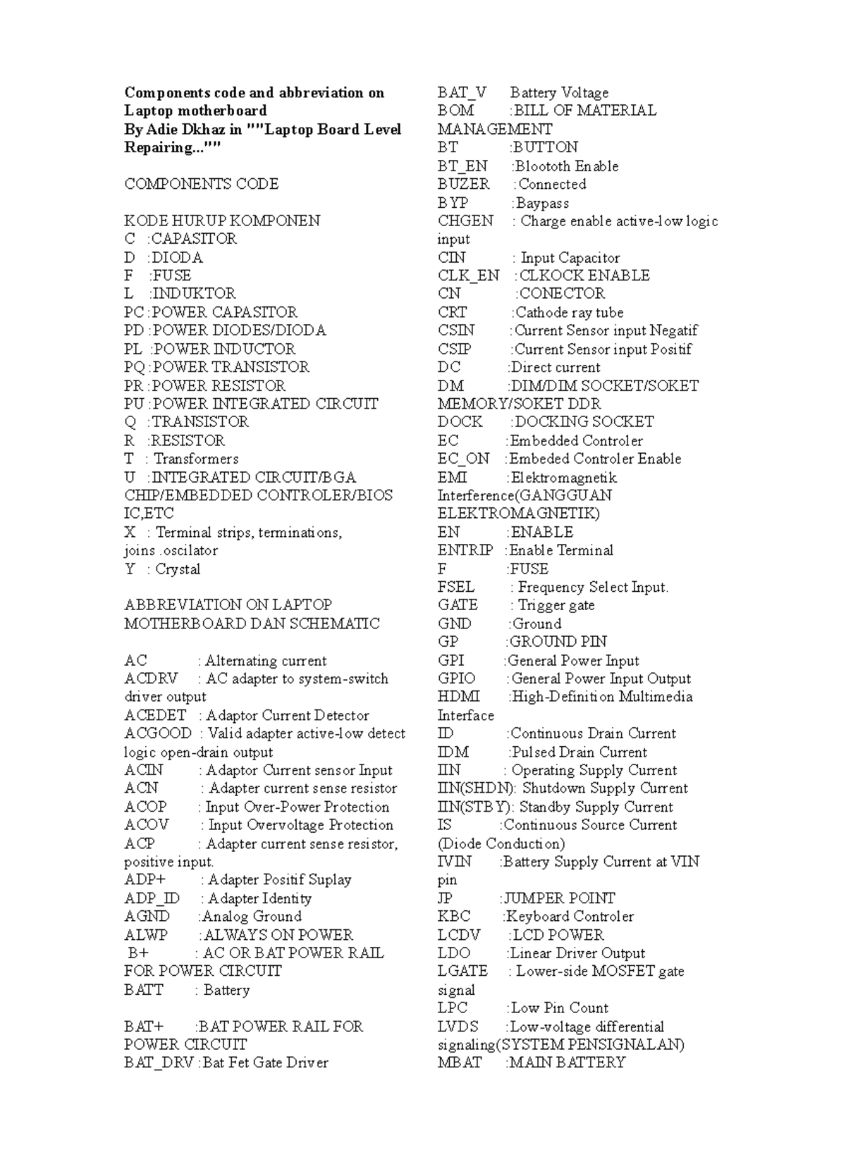Abbreviations and Codes for Laptop Motherboard Components - Studocu