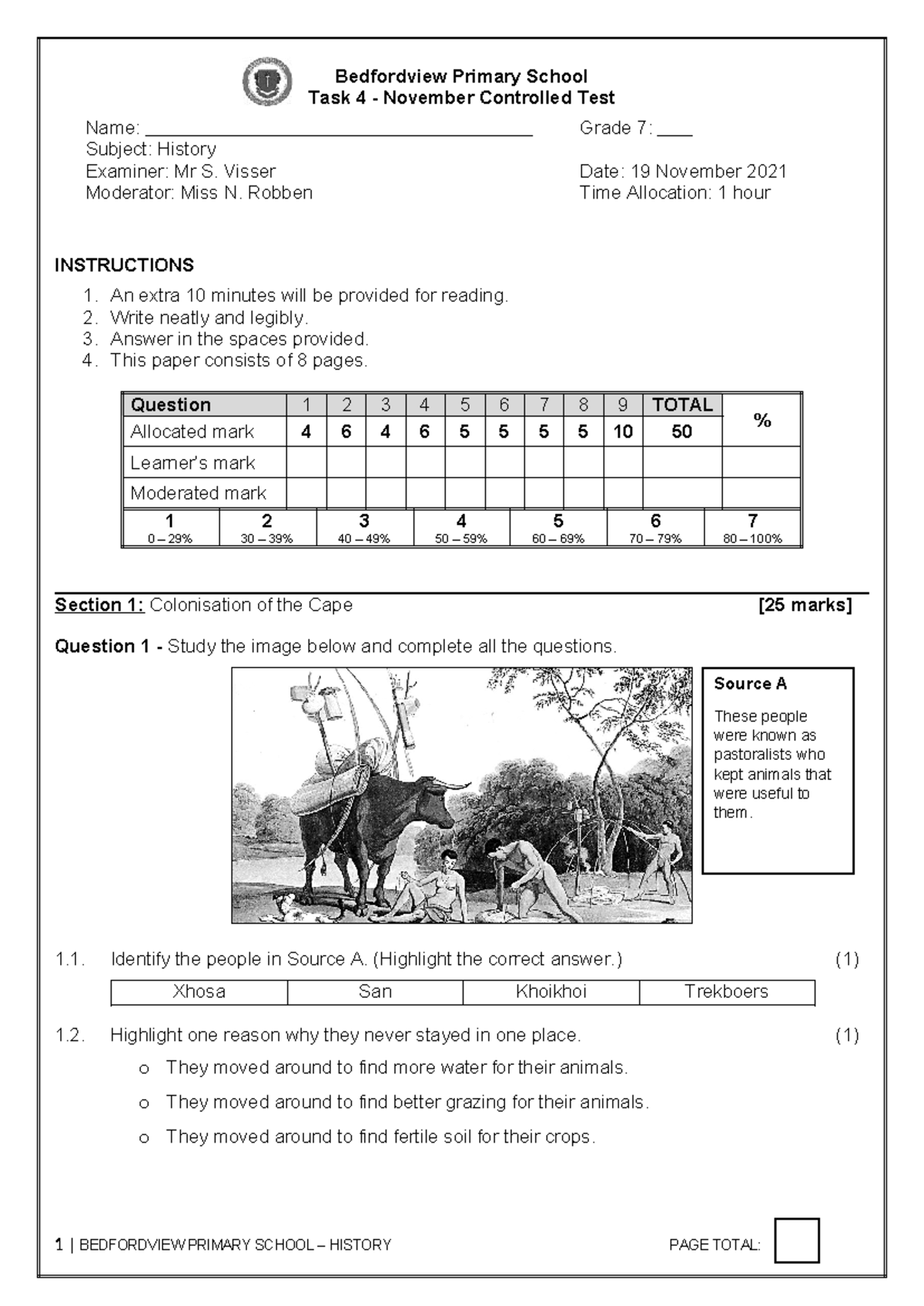 Gr 7 History Nov Controlled Test - Colonisation & Frontier Conflicts ...