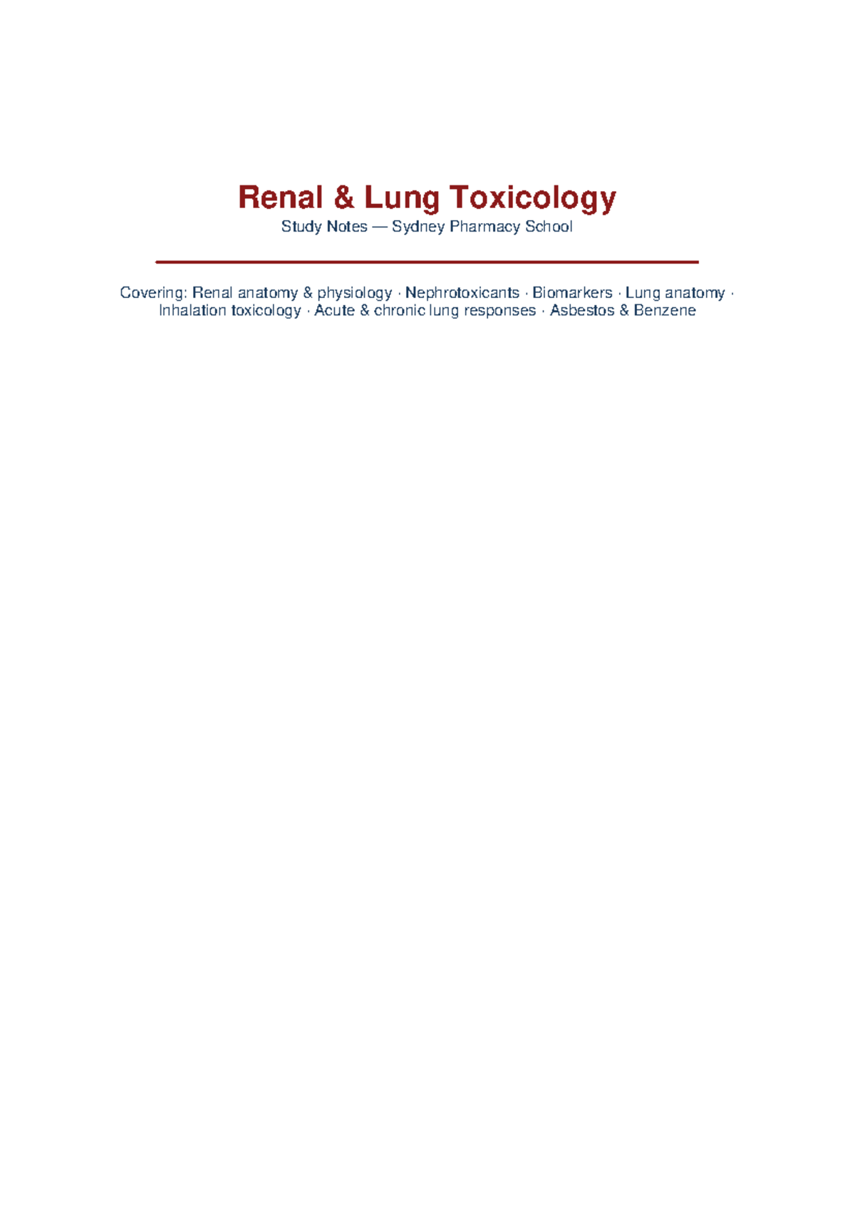 Renal Lung Toxicology Study Notes (PHAR 101) - Key Concepts ...