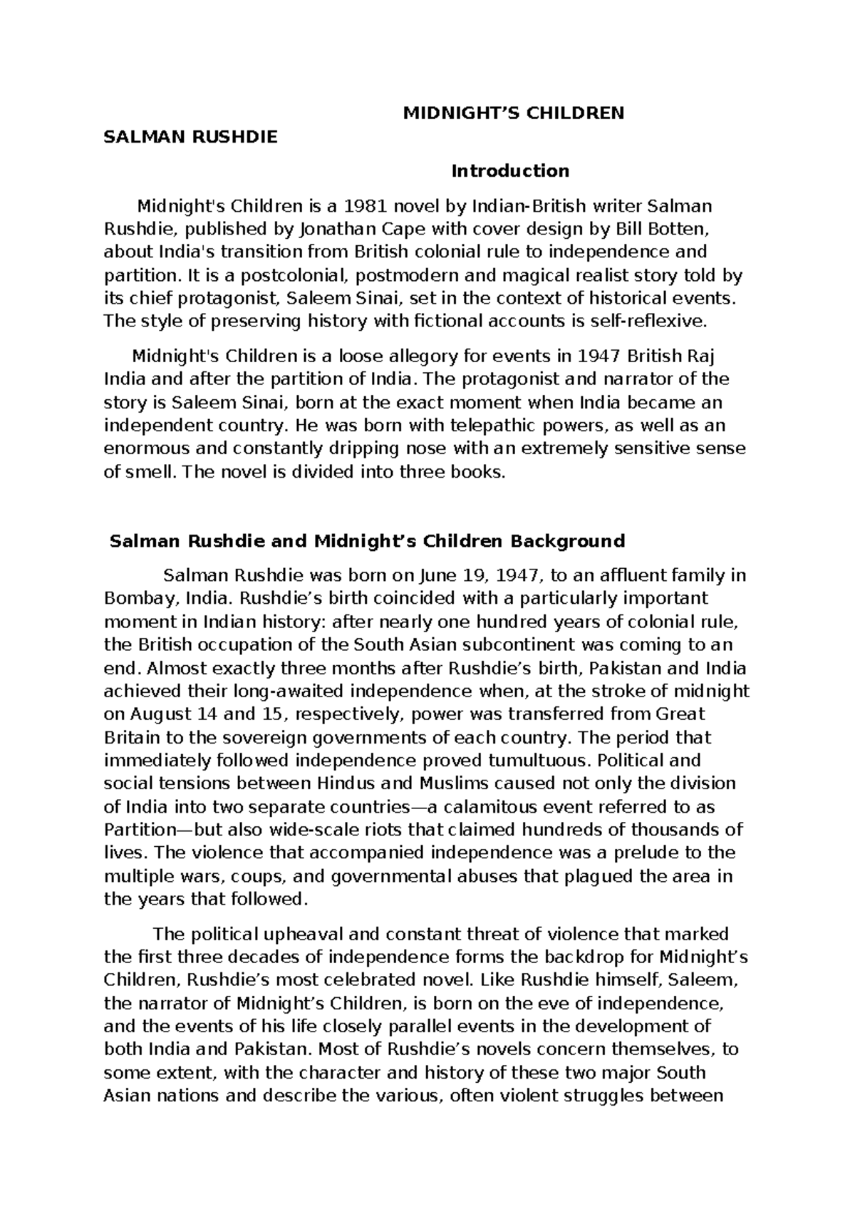 Midnight's Children: Comprehensive Study Notes and Analysis - Studocu