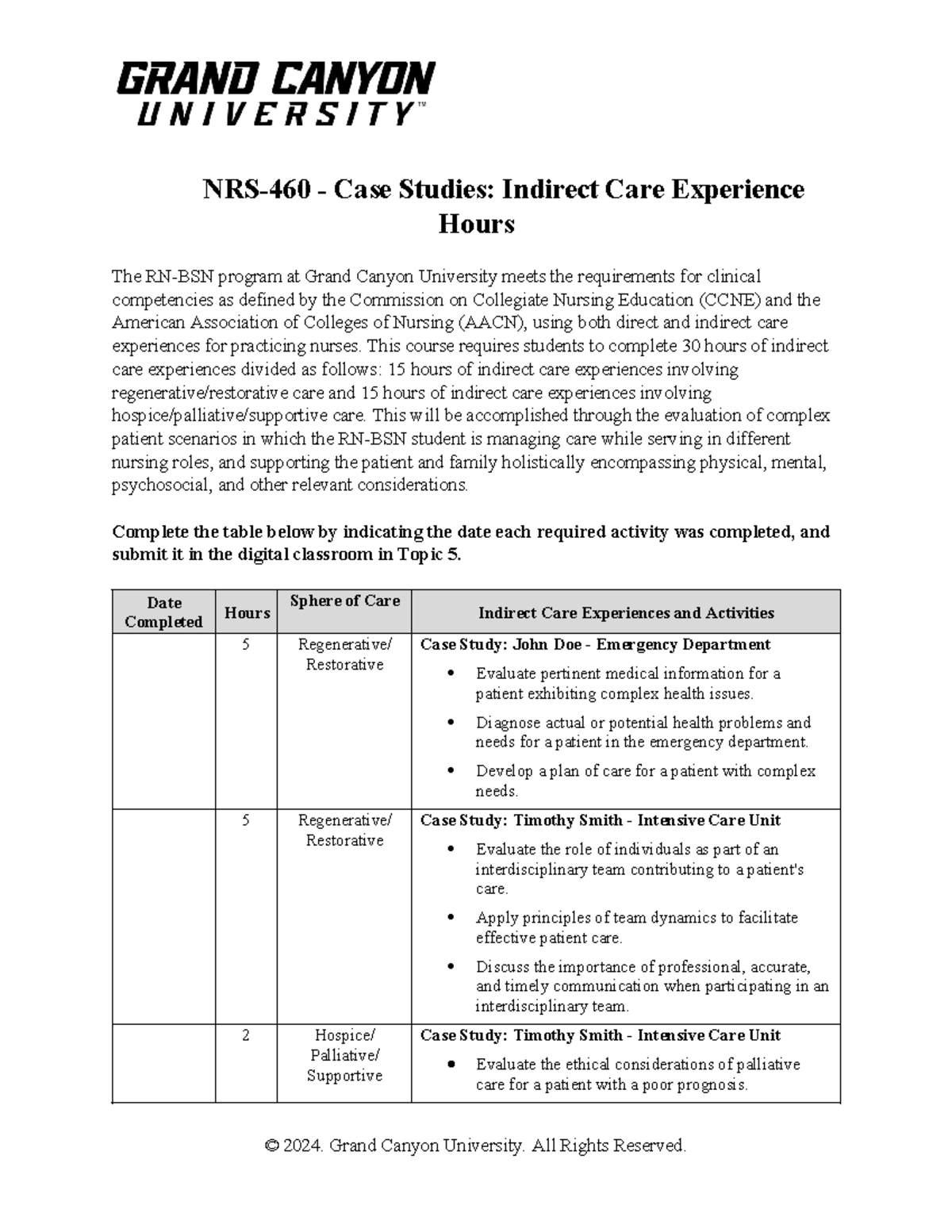 NRS 460 RS Case Studies: Indirect Care Experience Hours Guide - Studocu