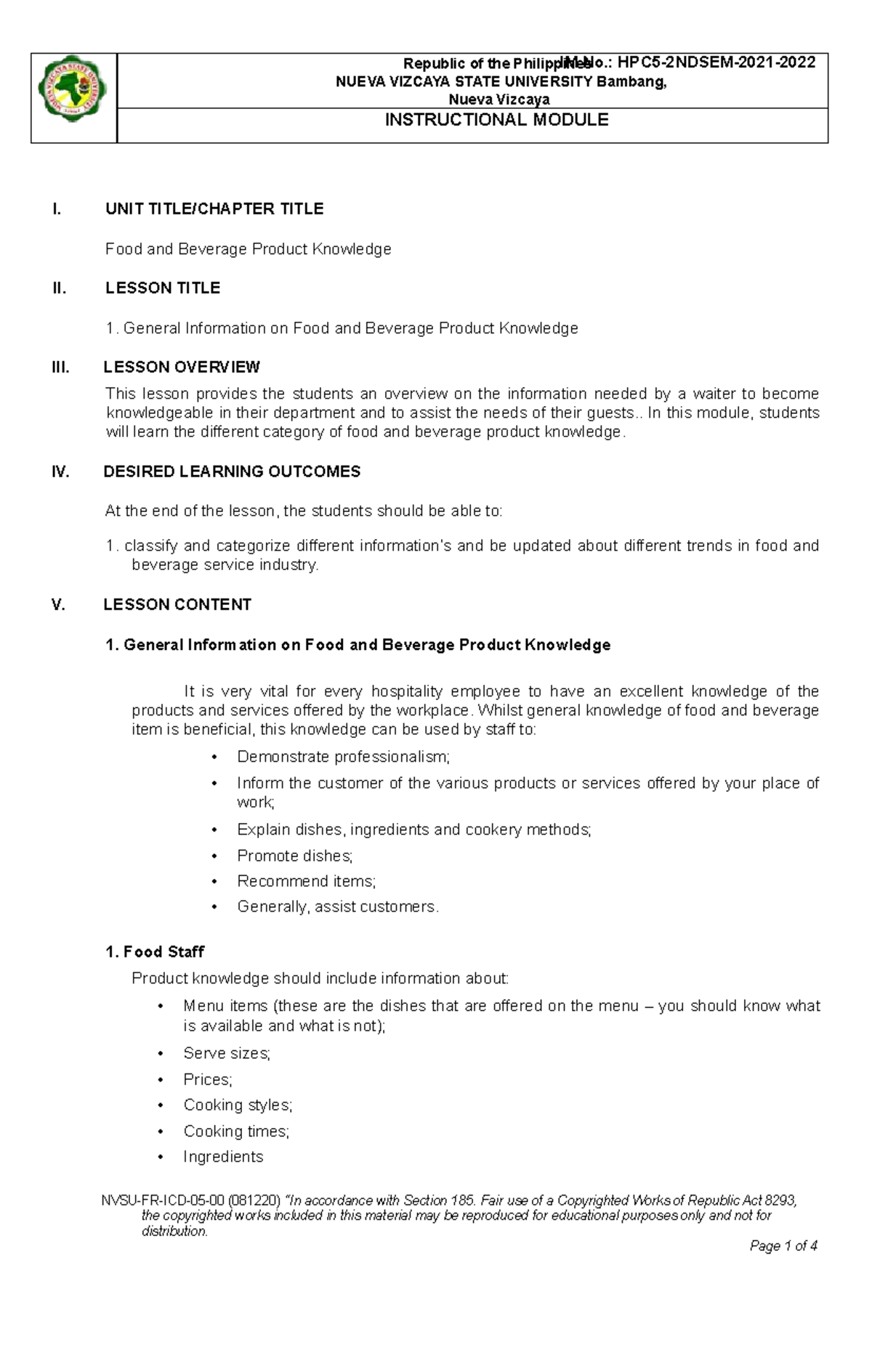 Module 7: Food & Beverage Product Knowledge Overview and Insights - Studocu