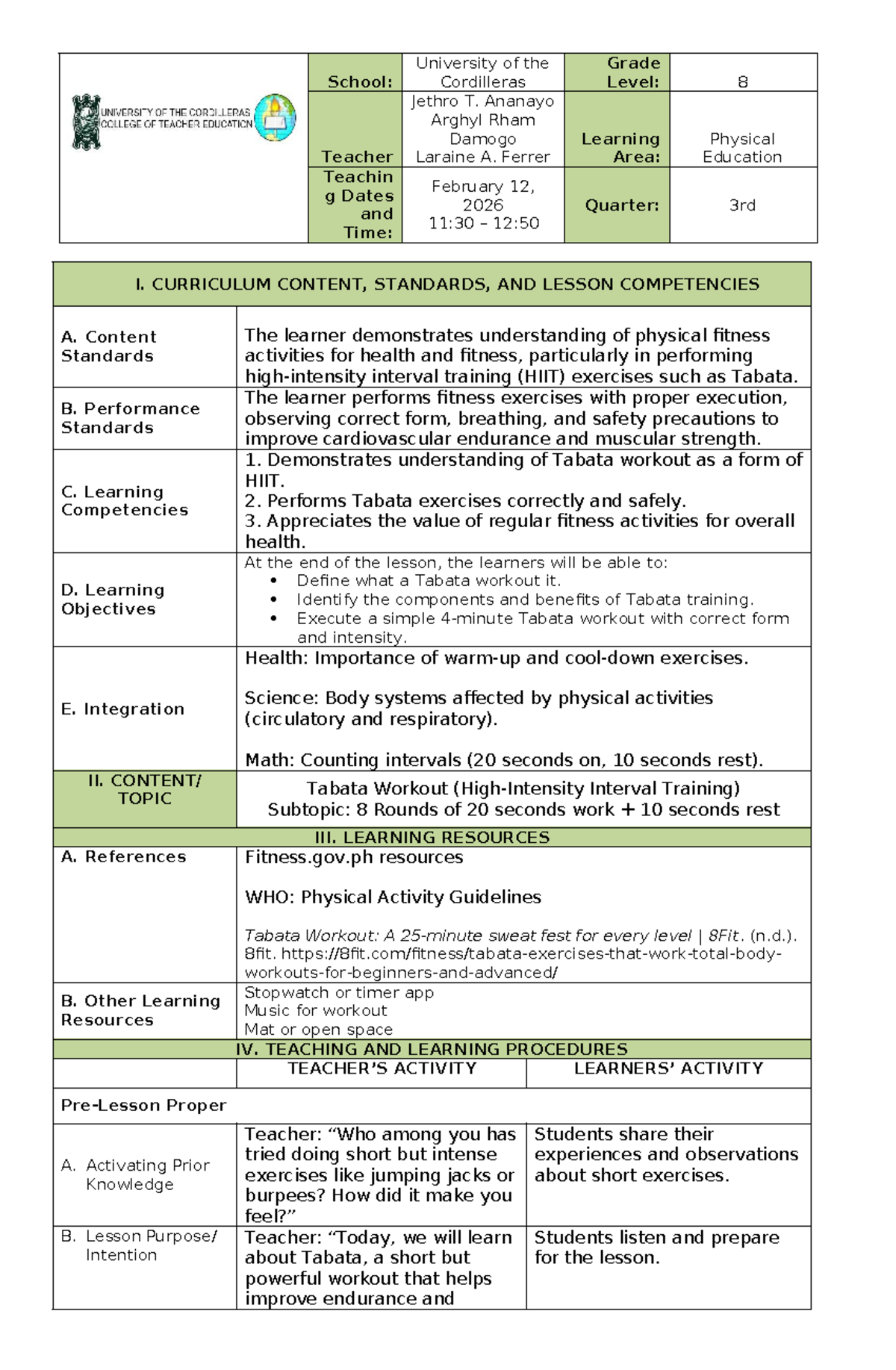 Lsp Prof Ed 108 - Lesson Plan on Tabata Workout for PE Grade 8 - Studocu