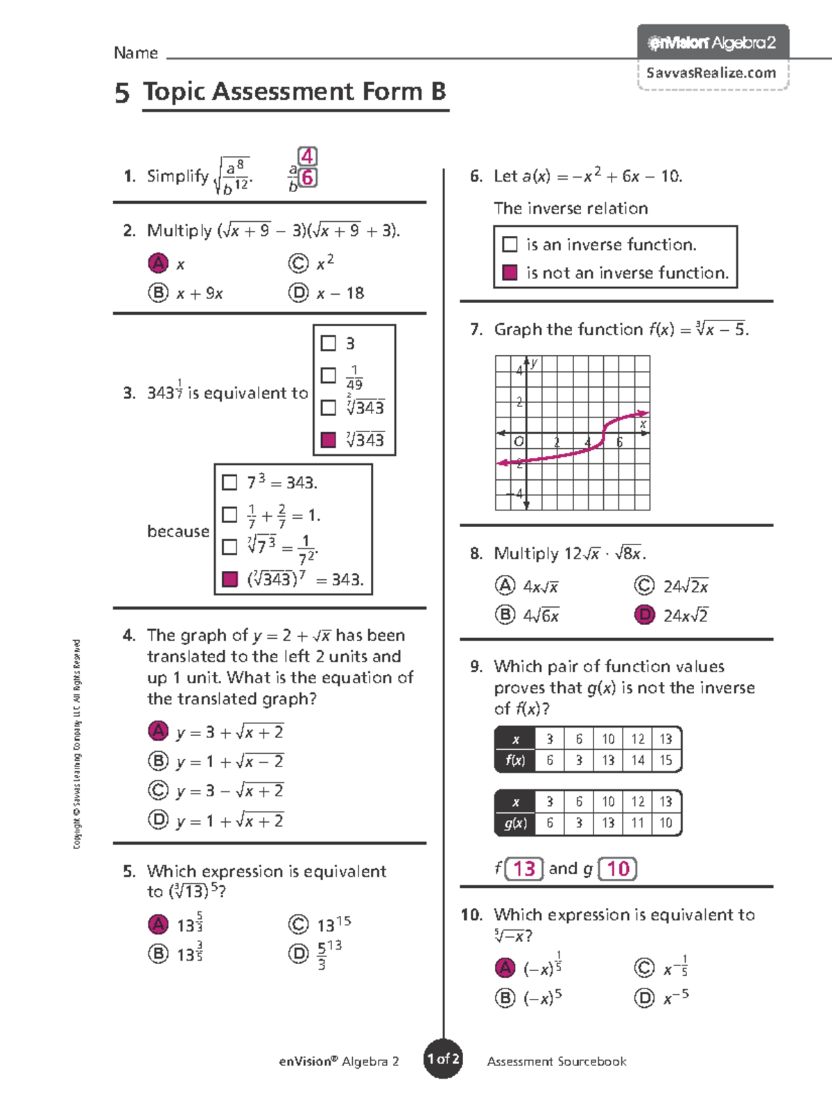 Algebra 2 Topic 5 Assessment Form B Answer Key - Studocu