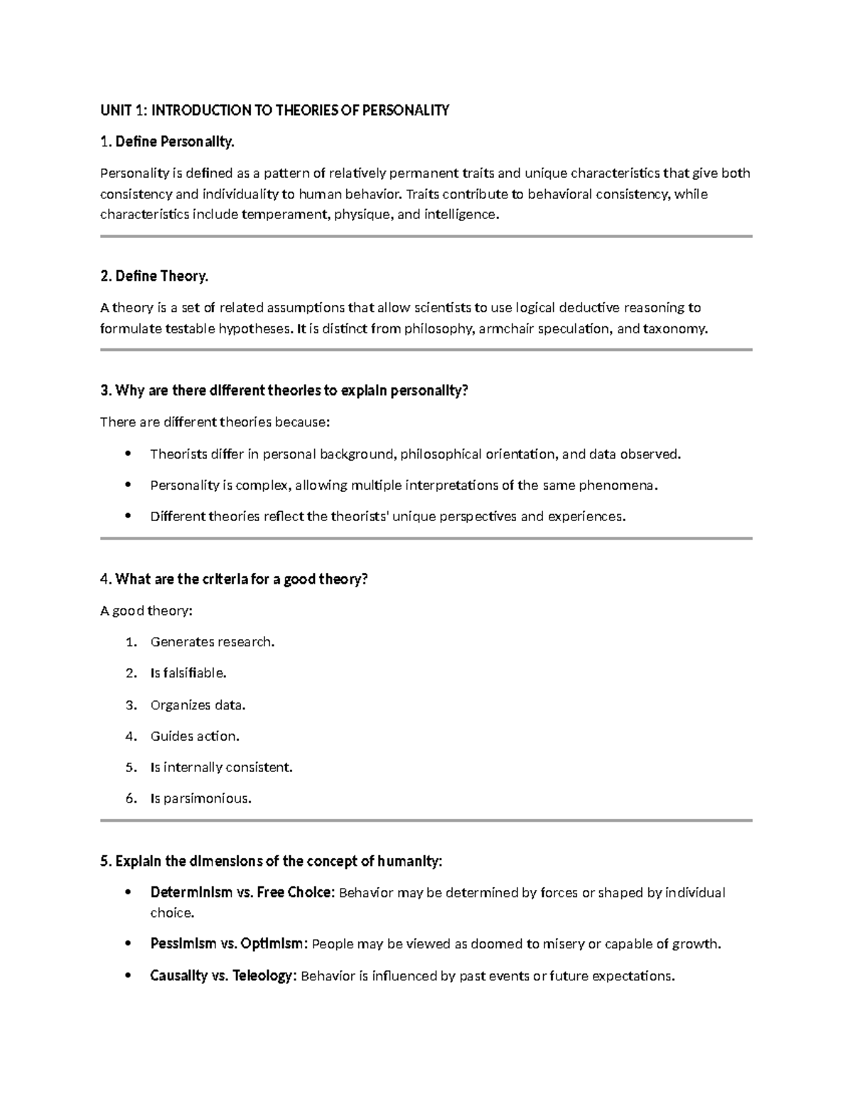 Introduction to Theories of Personality (PSY101) Lecture Notes - Studocu