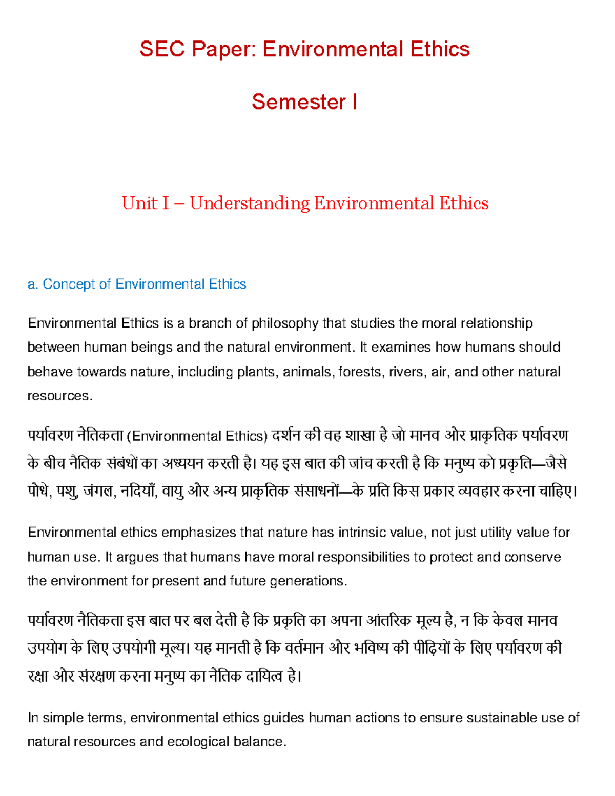 SEC Paper: Environmental Ethics - Understanding Concepts & Issues - Studocu