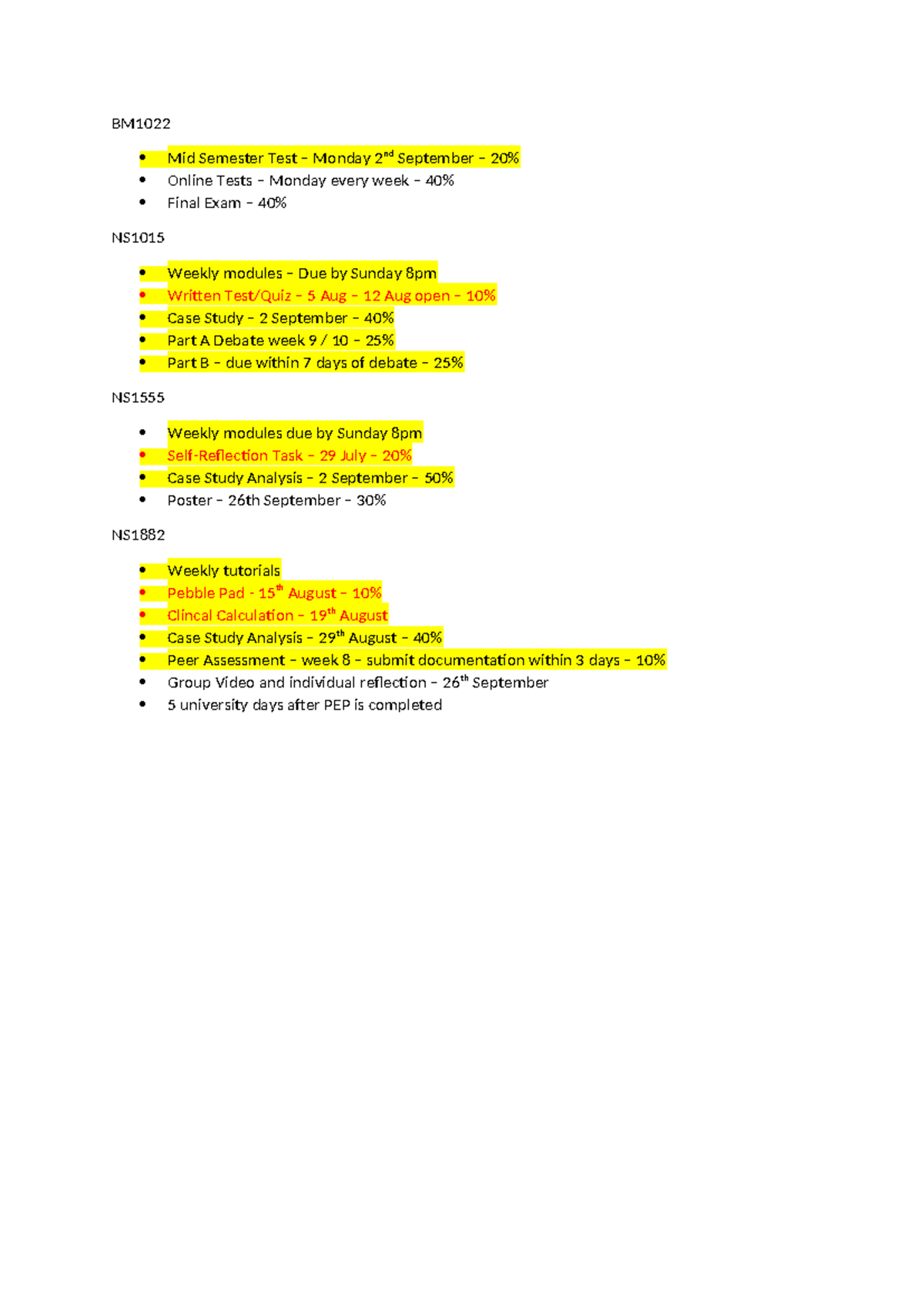 BM1022 Mid Semester Test & NS1015 Weekly Modules Overview - Studocu