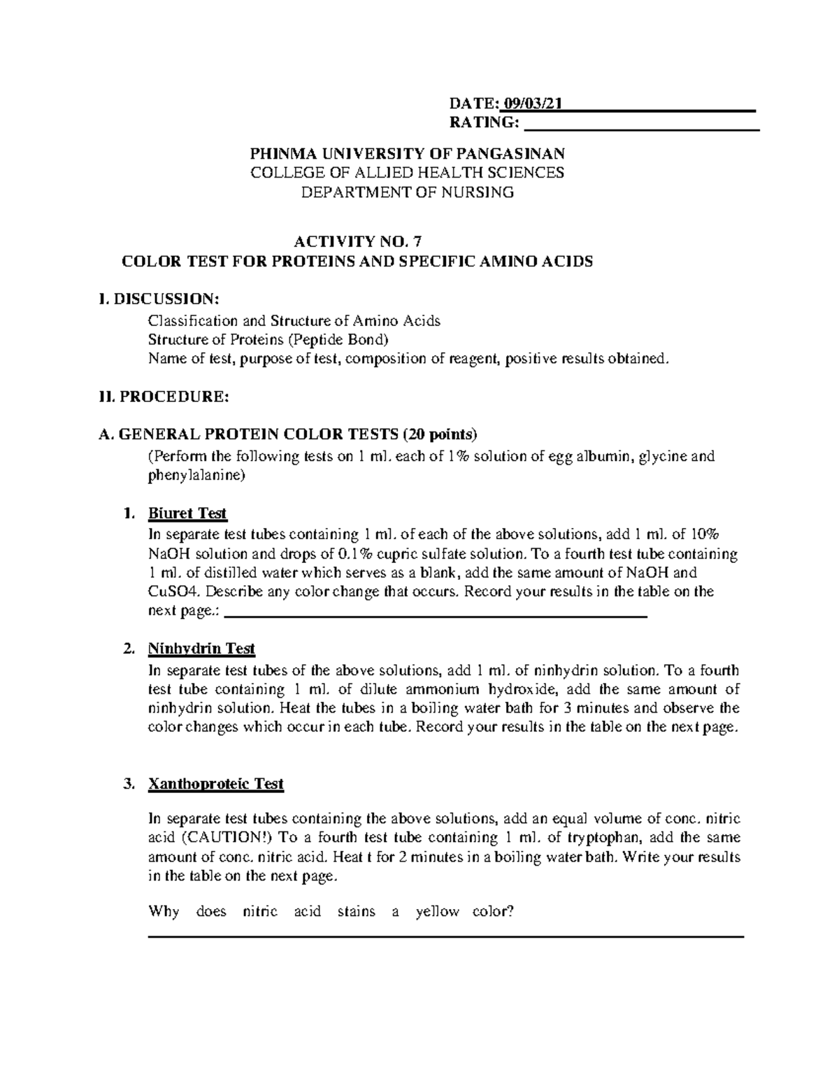 (BIO 024) LAB Activity 7 - Color Tests for Proteins & Amino Acids - Studocu