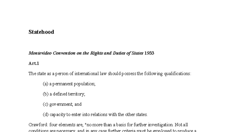 Lecture 5 - Statehood: Montevideo Convention & International Law - Studocu