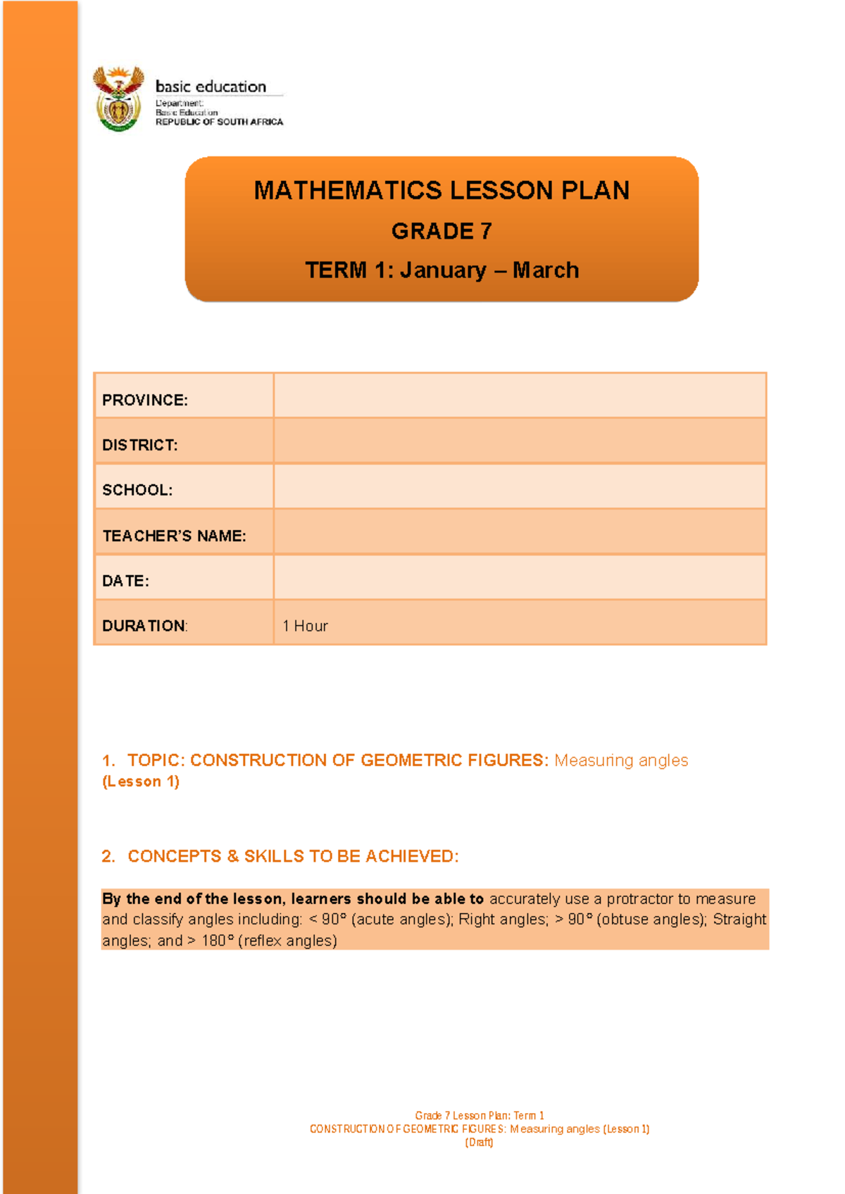 MATHEMATICS GRADE 7 TERM 1 LESSON PLAN: MEASURING ANGLES - Studocu