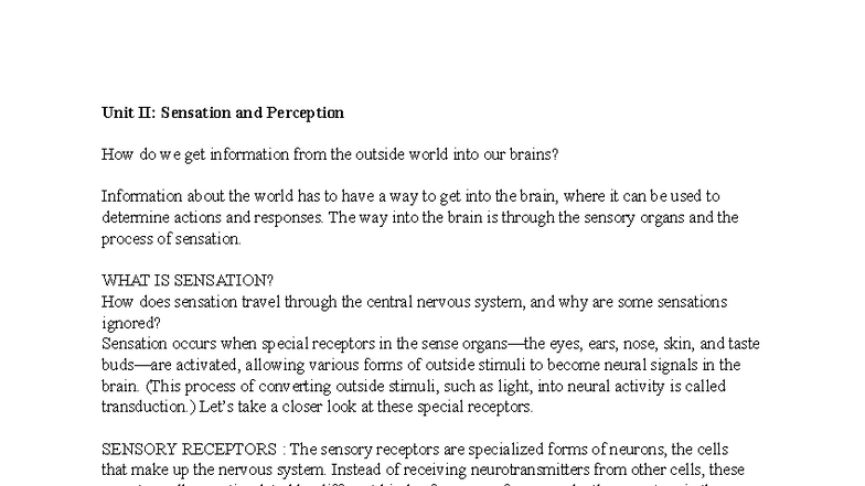 Unit II: Sensation and Perception - Understanding Sensory Processes ...