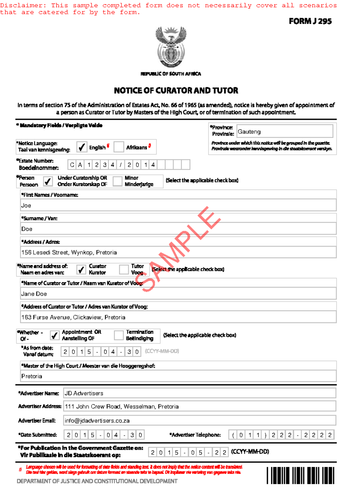 Form J295 Sample - Administration of Estates Act Notifications - Studocu