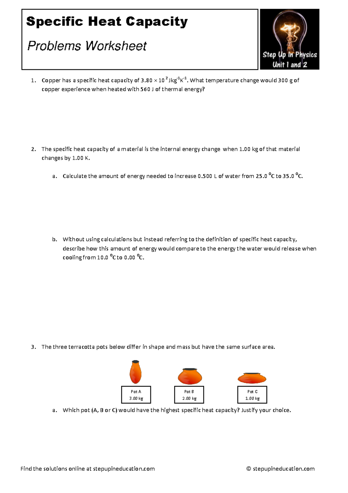 Specific Heat Capacity Problems Worksheet 1: Concepts & Calculations ...