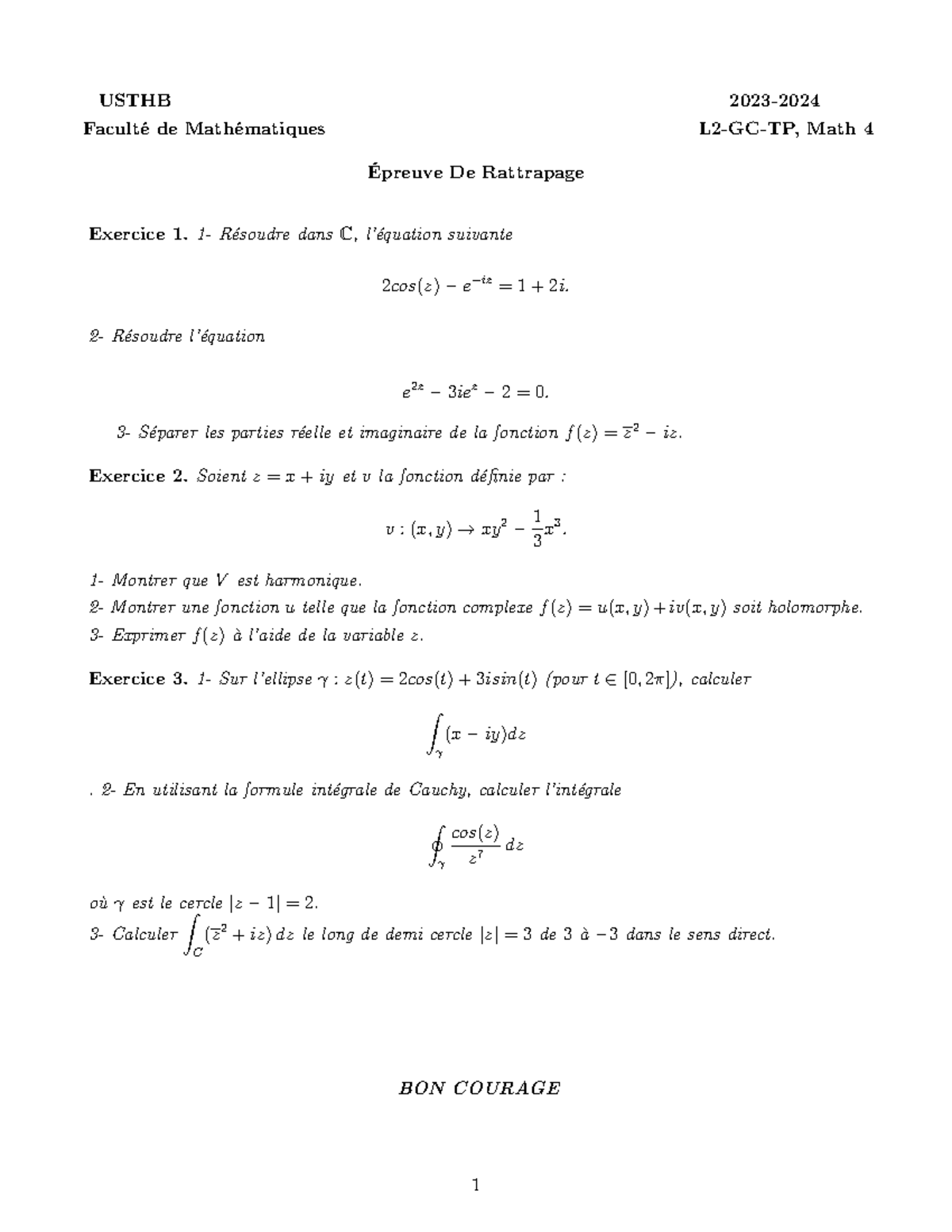 USTHB Math 4 L2-GC-TP Final Exam: Complex Analysis Exercises - Studocu