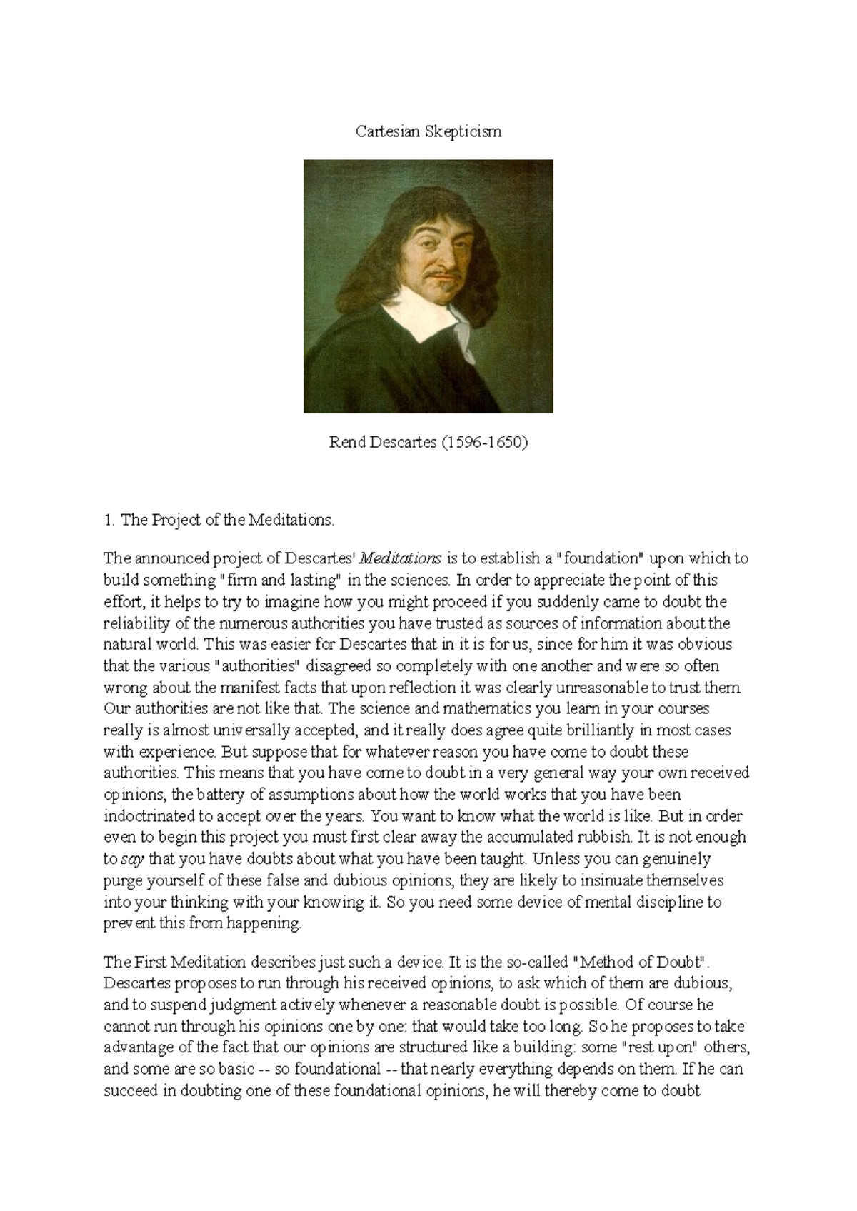 Descartes Notes: Cartesian Skepticism and the Meditations - Studocu