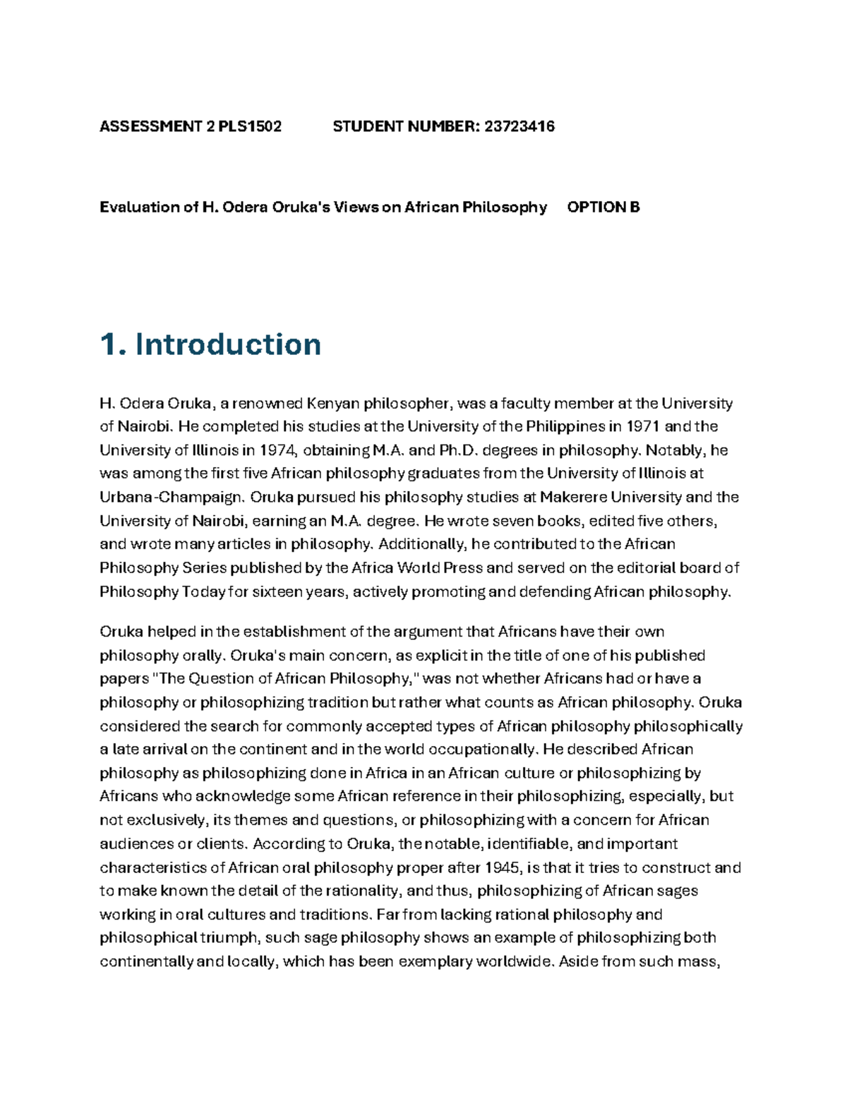 PLS1502 Assessment 2: Analysis of H. Odera Oruka's African Philosophy ...
