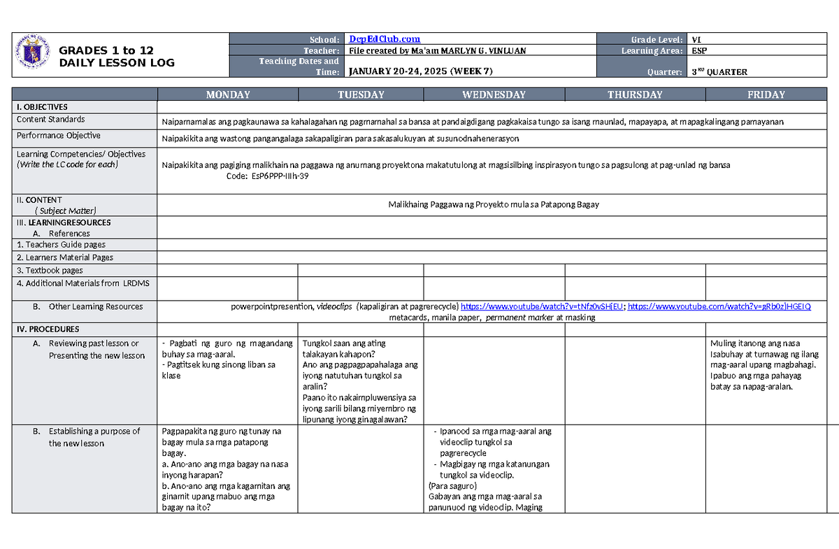 DLL ESP 6 Q3 W7 - Daily Lesson Log for Grades 1-12 on Recycling - Studocu