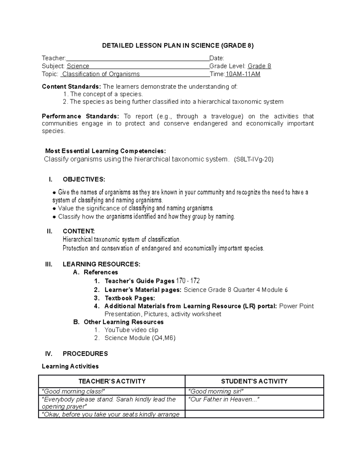 Grade 8 Science DLP: Classification of Organisms Lesson Plan - Studocu