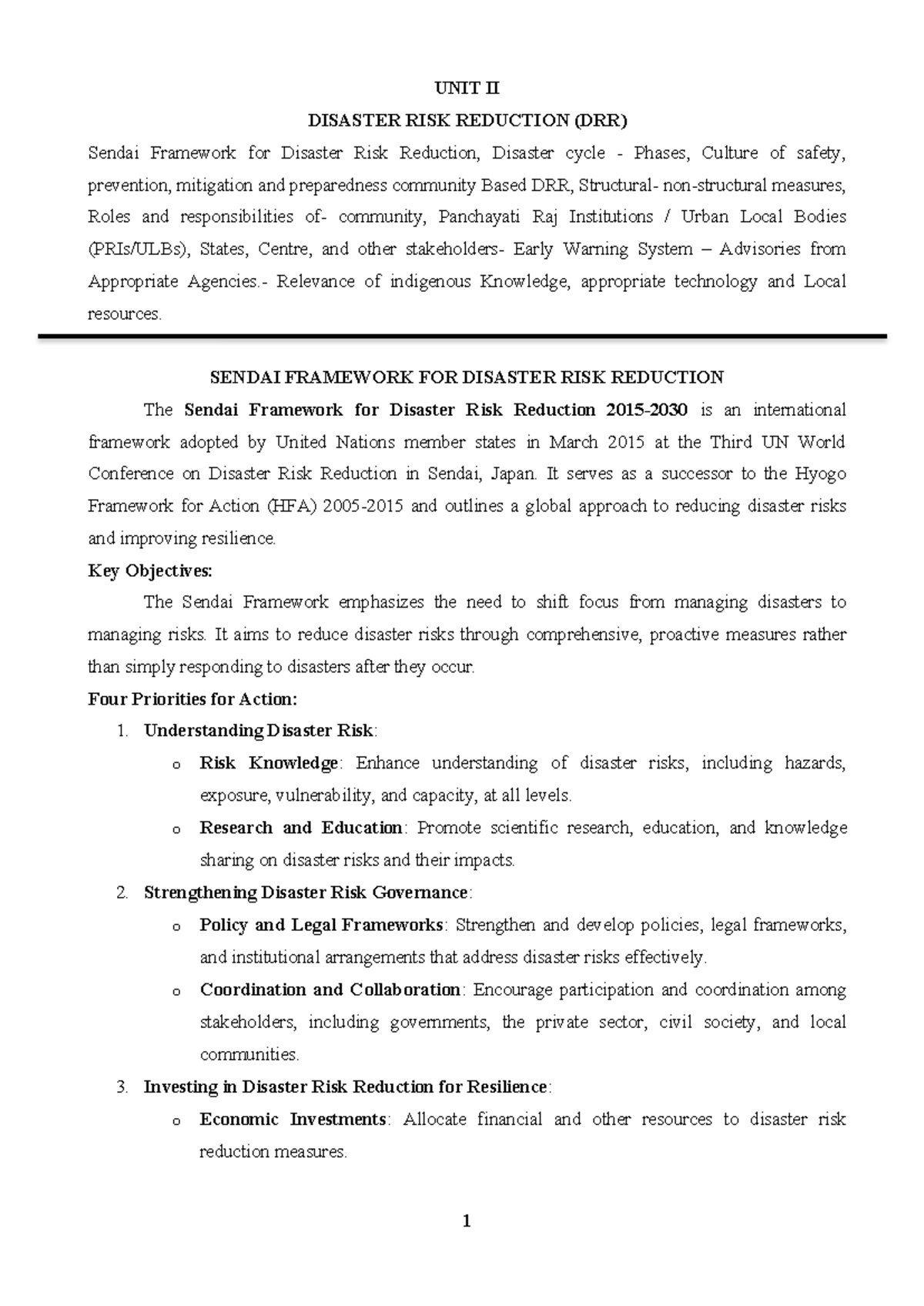 DRRM - MX3084 - 23MX302 - UNIT II - UNIT II DISASTER RISK REDUCTION (DRR) Sendai Framework for ...