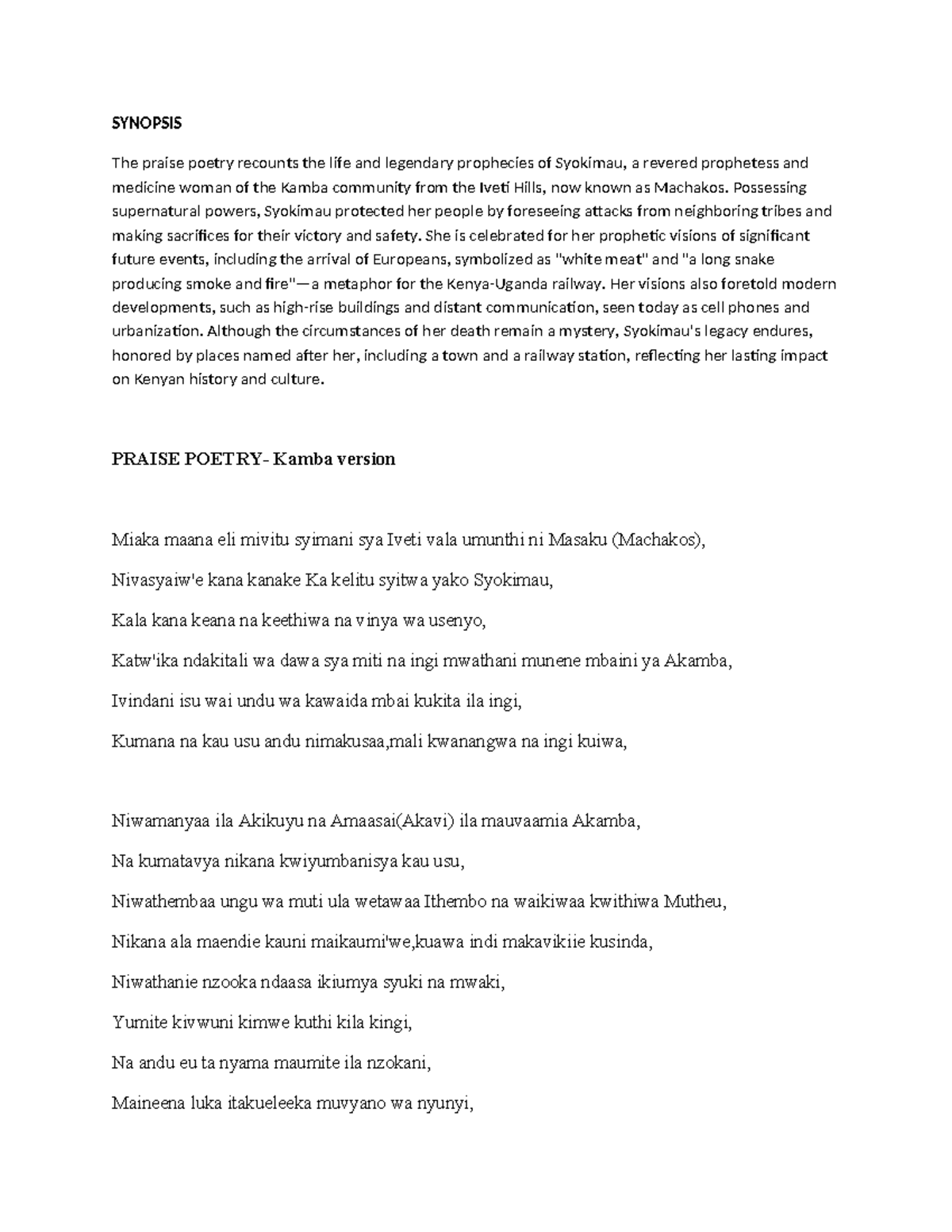 Praise Poetry-kamba version - SYNOPSIS The praise poetry recounts the ...