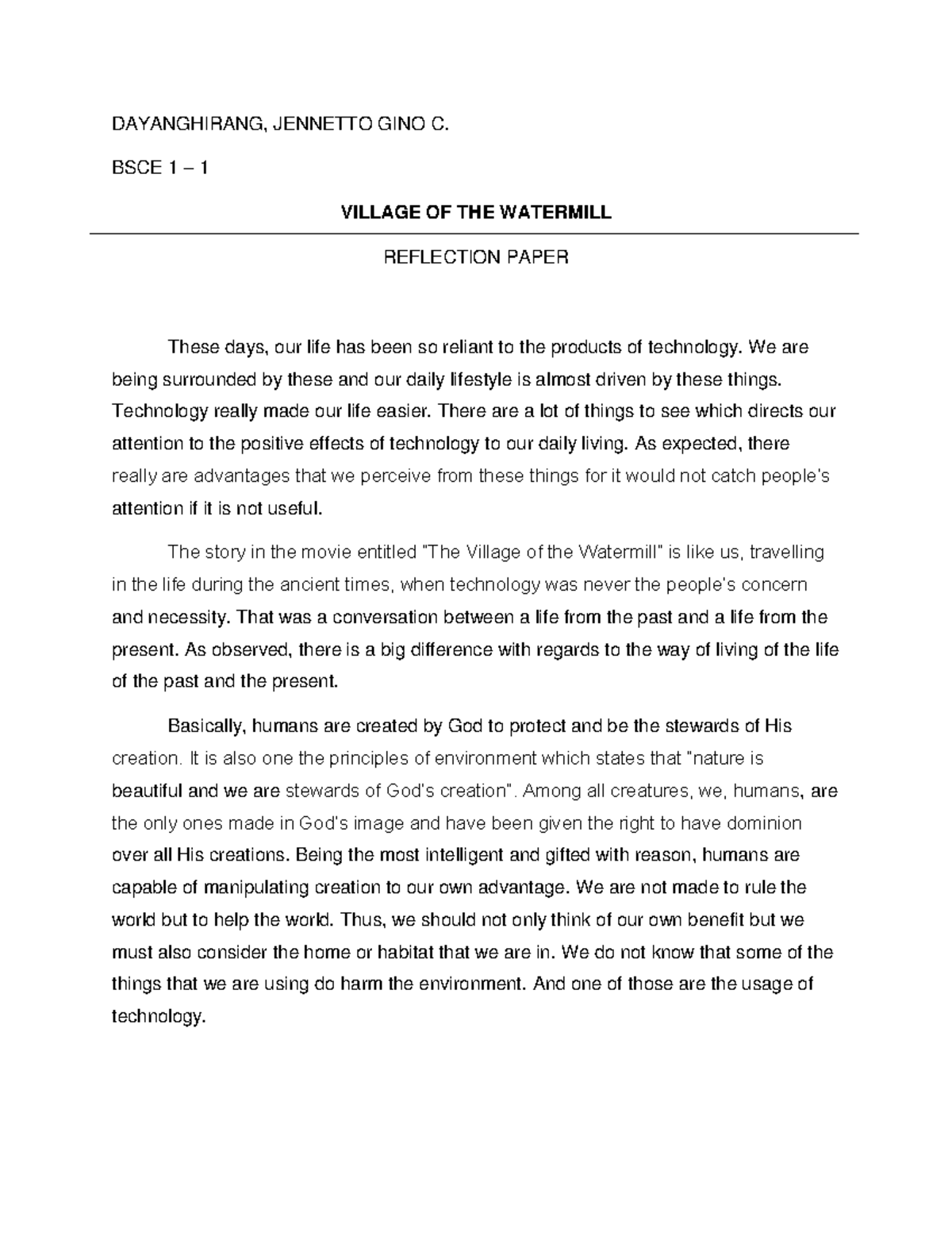 Reflection Paper 2 - Insights on "The Village of the Watermill" - Studocu