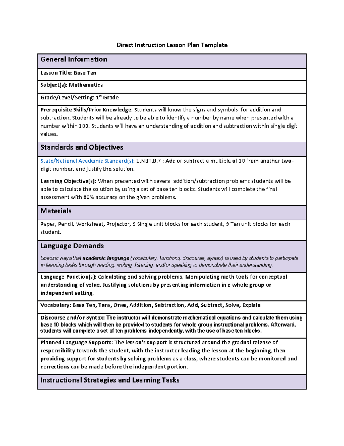 Math methods lesson - C109 Task 1 - Direct Instruction Lesson Plan ...