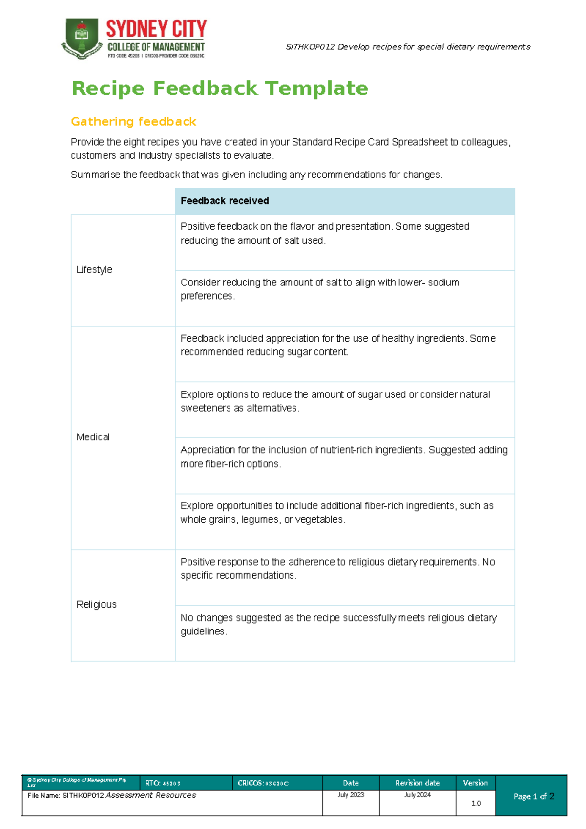 SITHKOP012 Recipe Feedback Template and Evaluation Summary - Studocu
