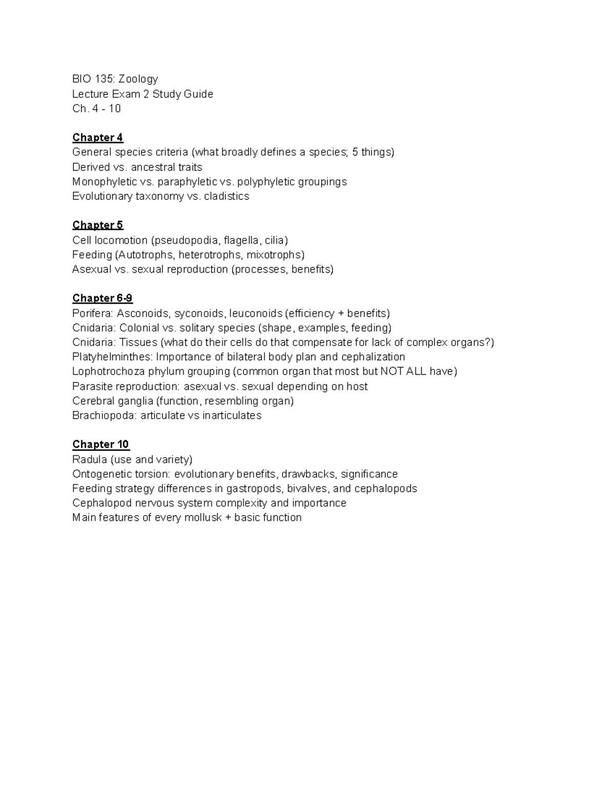 BIO 135: Zoology Lecture Exam 2 Review Guide (Ch. 4-10) - Studocu