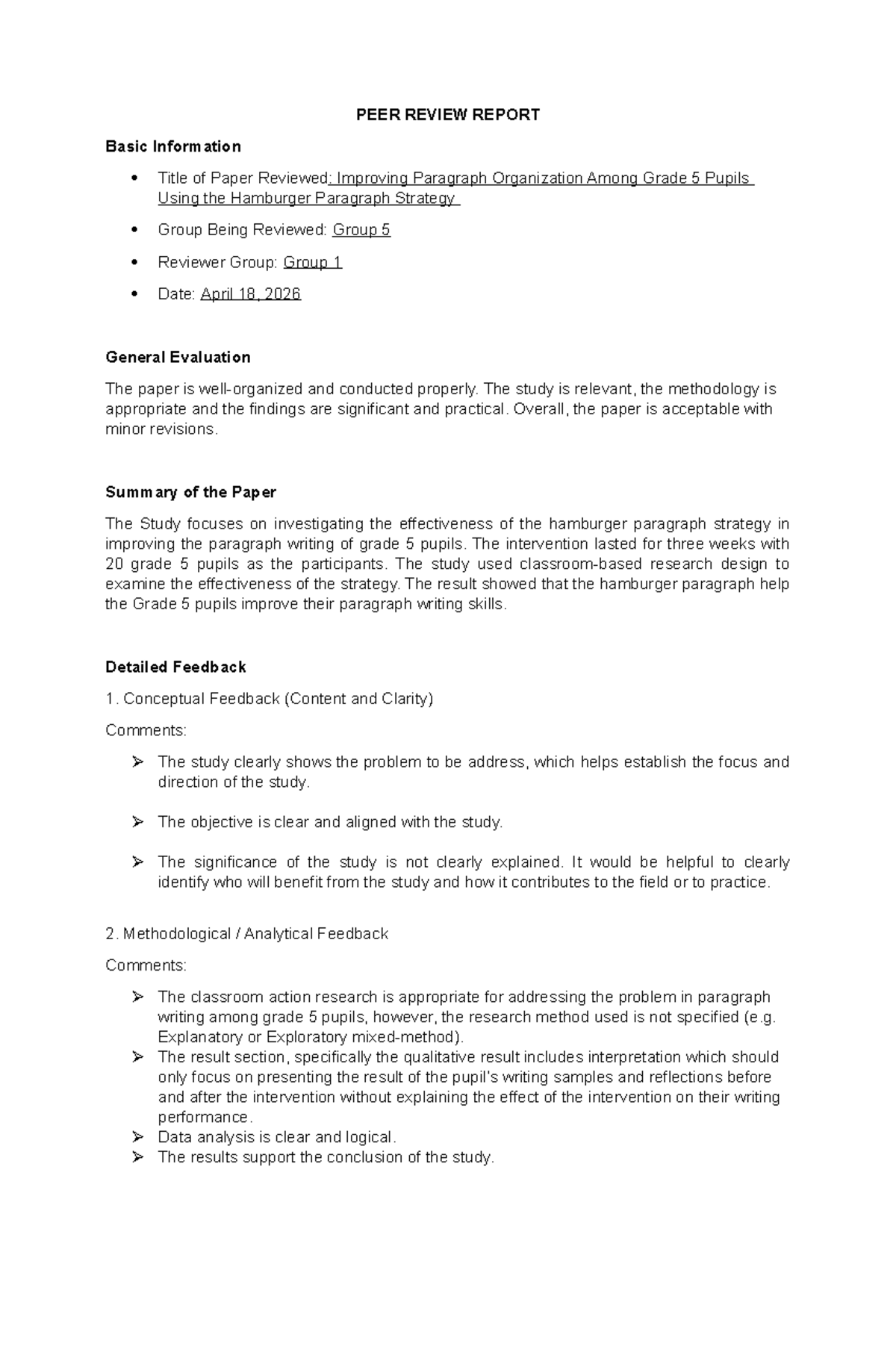 Peer Review Report: Improving Paragraph Org. in Grade 5 (G1-G5) - Studocu