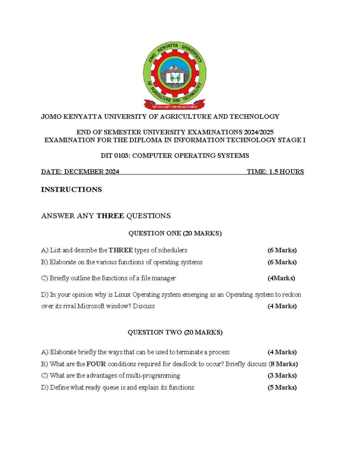 DIT 0103: Computer Operating Systems End of Semester Exam - Studocu