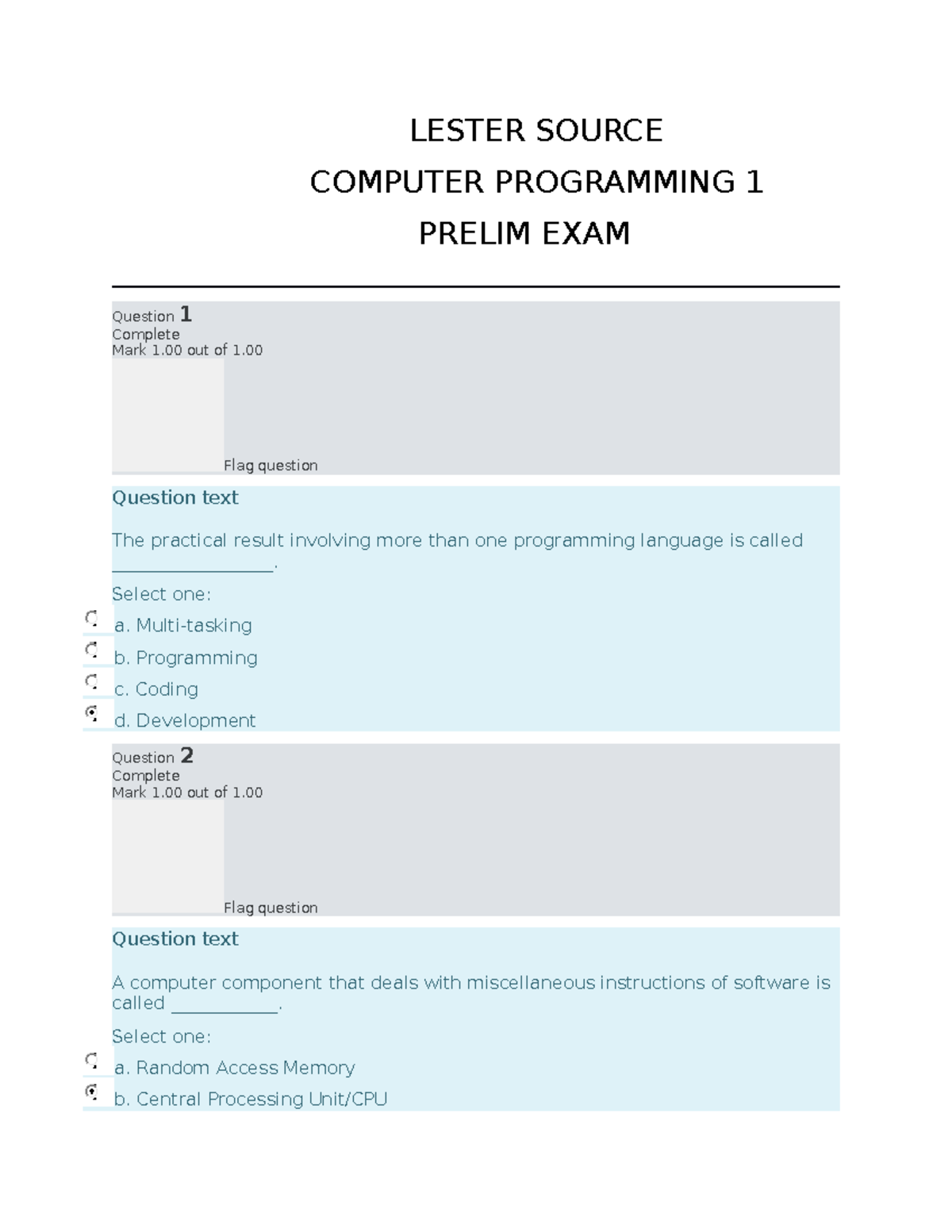 Computer Programming 1 Prelim Exam Lester Source Computer Programming