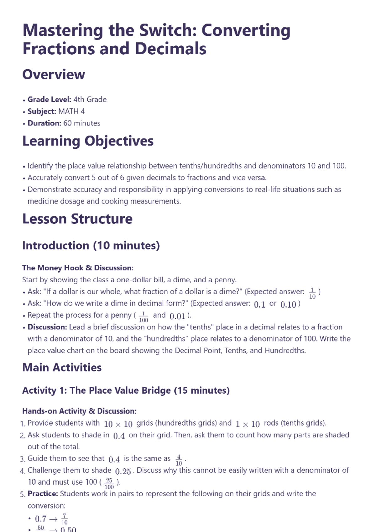 MATH 4 Lesson Plan: Converting Fractions & Decimals for 4th Grade - Studocu