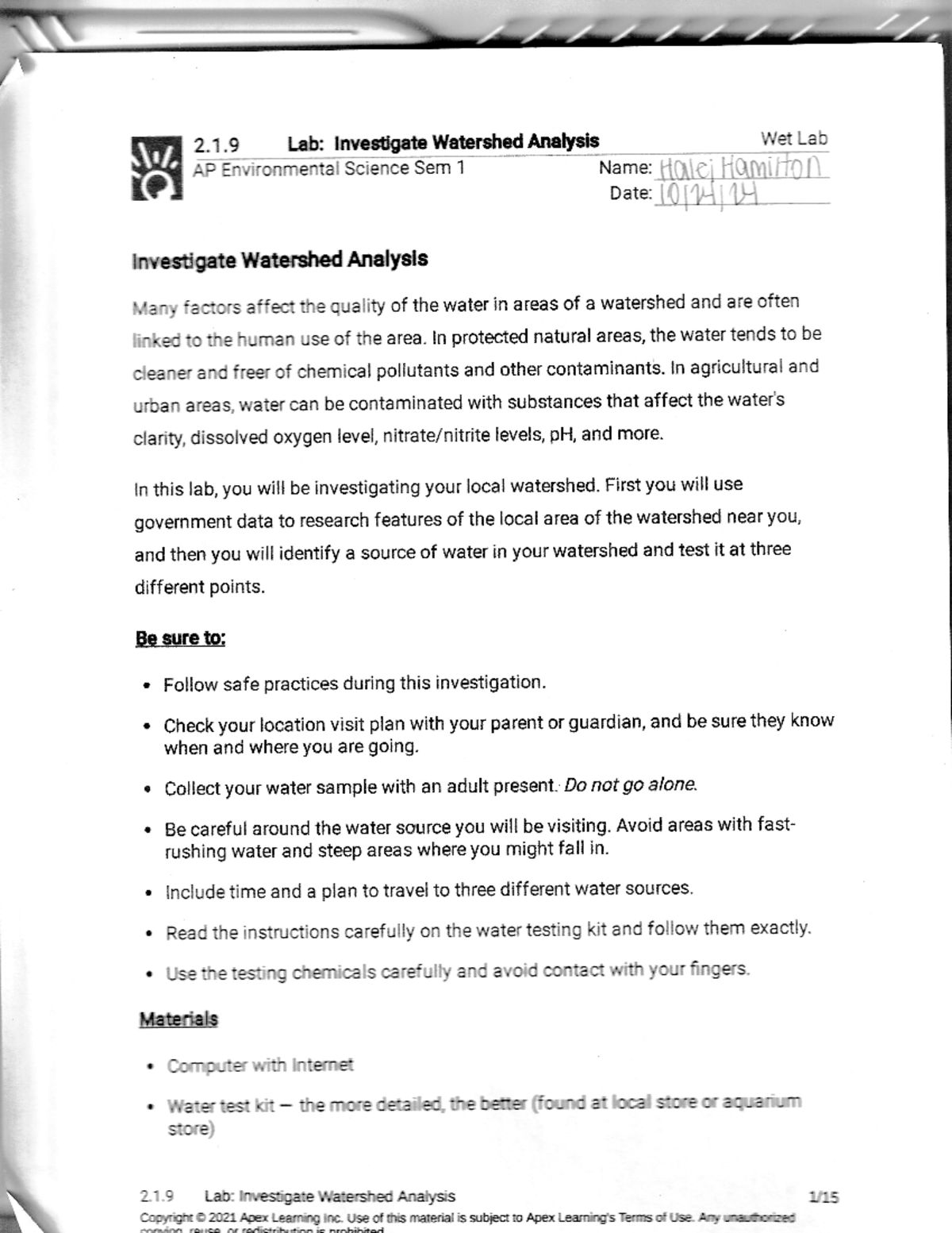 2 - n/aa - 2.1 Lab: Investigate Watershed Analysis Wet Lab AP ...