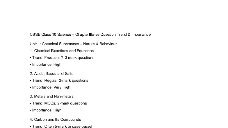 CBSE Class 10 Science Chapterwise Question Trends and Importance - Studocu