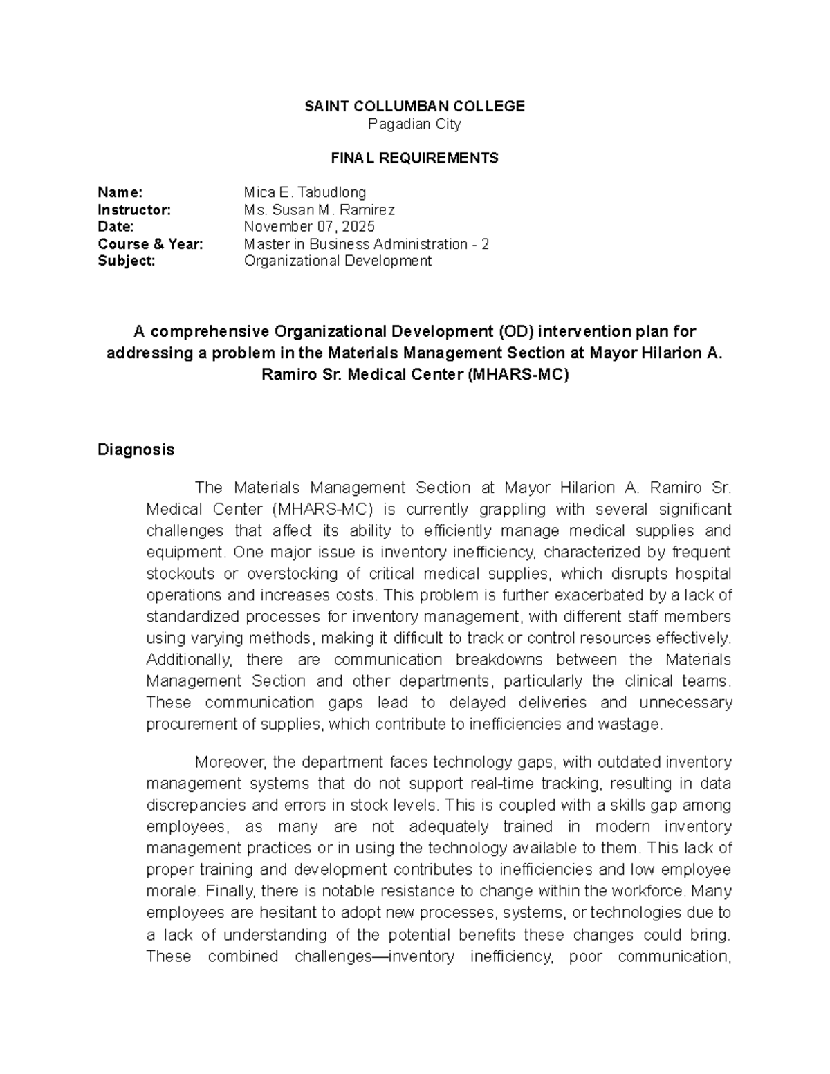 OD Final Requirements: Intervention Plan for MBA 2 Organizational ...