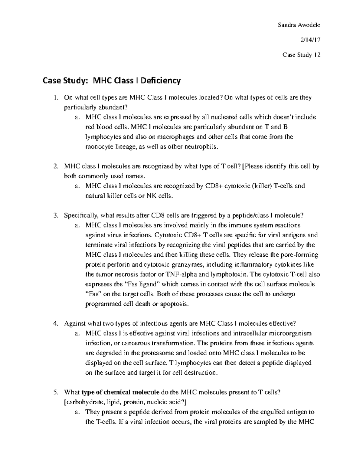 MHC Class I Deficiency Case Study Analysis and Insights - Studocu