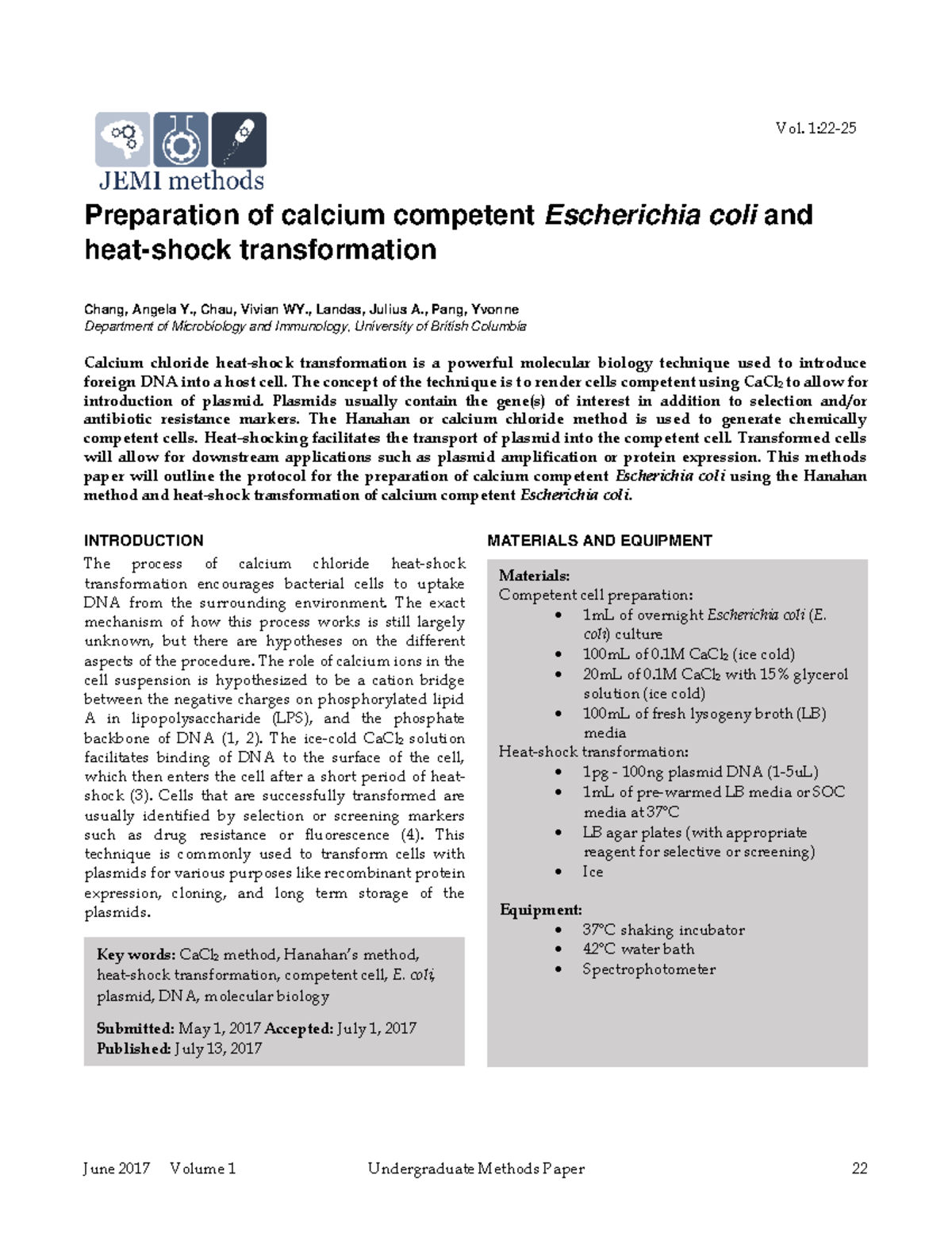 Preparation of Heat-Shock Transformation in CaCl2 Competent E. coli ...