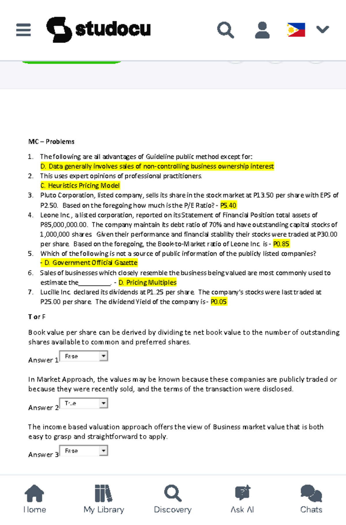 QUIZ on Market Value Approach - MC Problems (Course Code: QUIZ) - Studocu